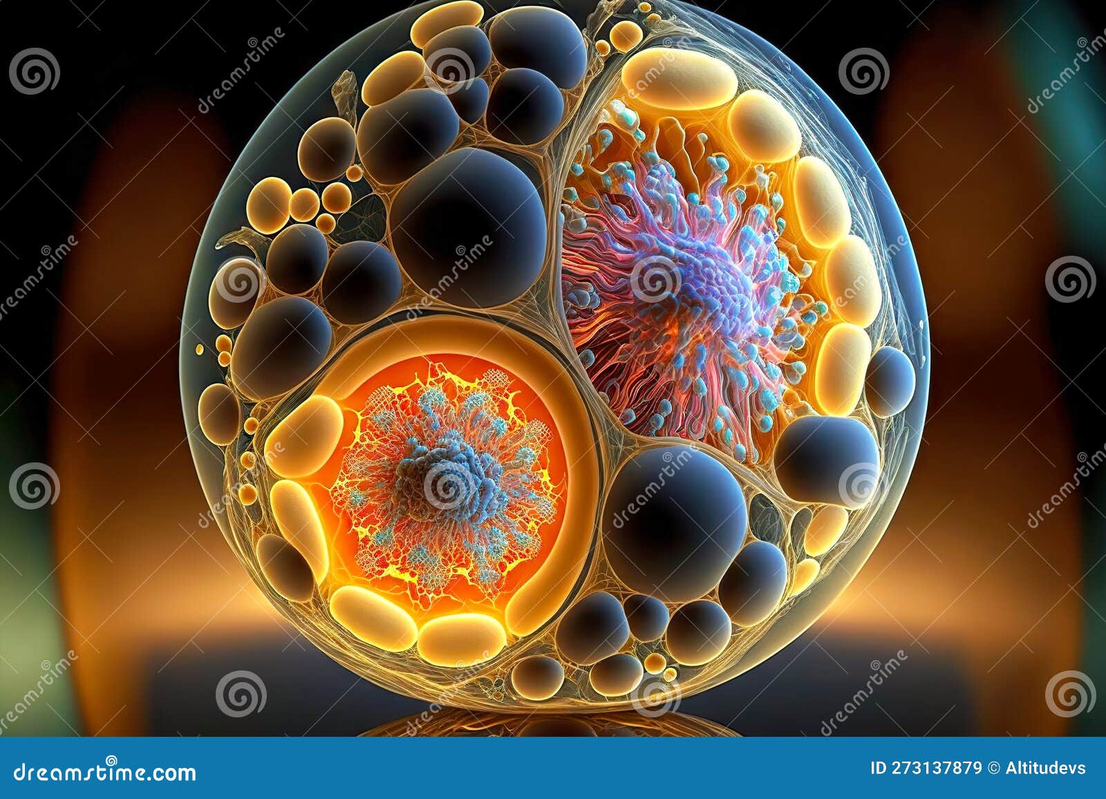 Cell Division into Two Nuclei in Yellow Black Tones Stock Illustration ...