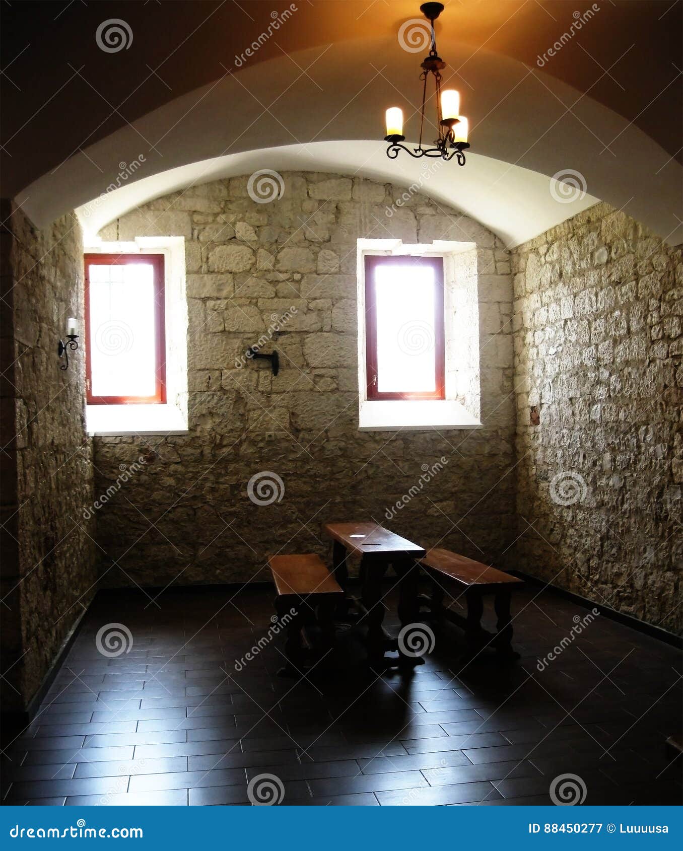 Cell in the Monastery. a Table and Two Benches in a Room with a Vaulted ...