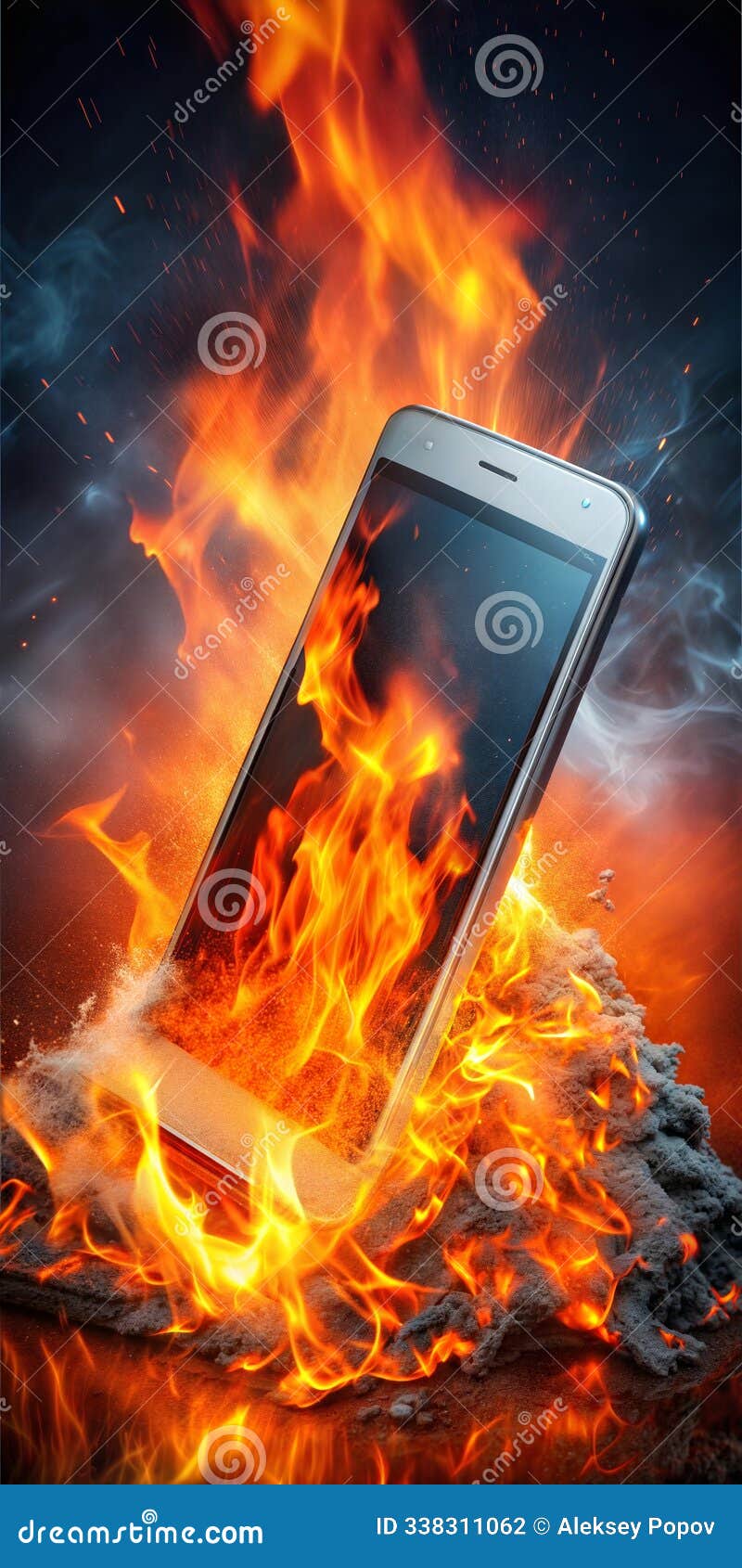 A Cell Phone is on Fire and is Surrounded by Flames. Concept of Danger ...