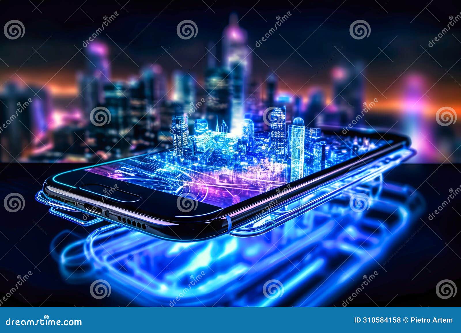 Cell Phone with Glowing City Display Stock Photo - Image of urban ...