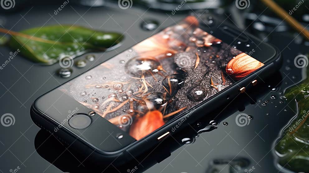 A Cell Phone Resting on a Wet Table, Suitable for Technology Concepts ...