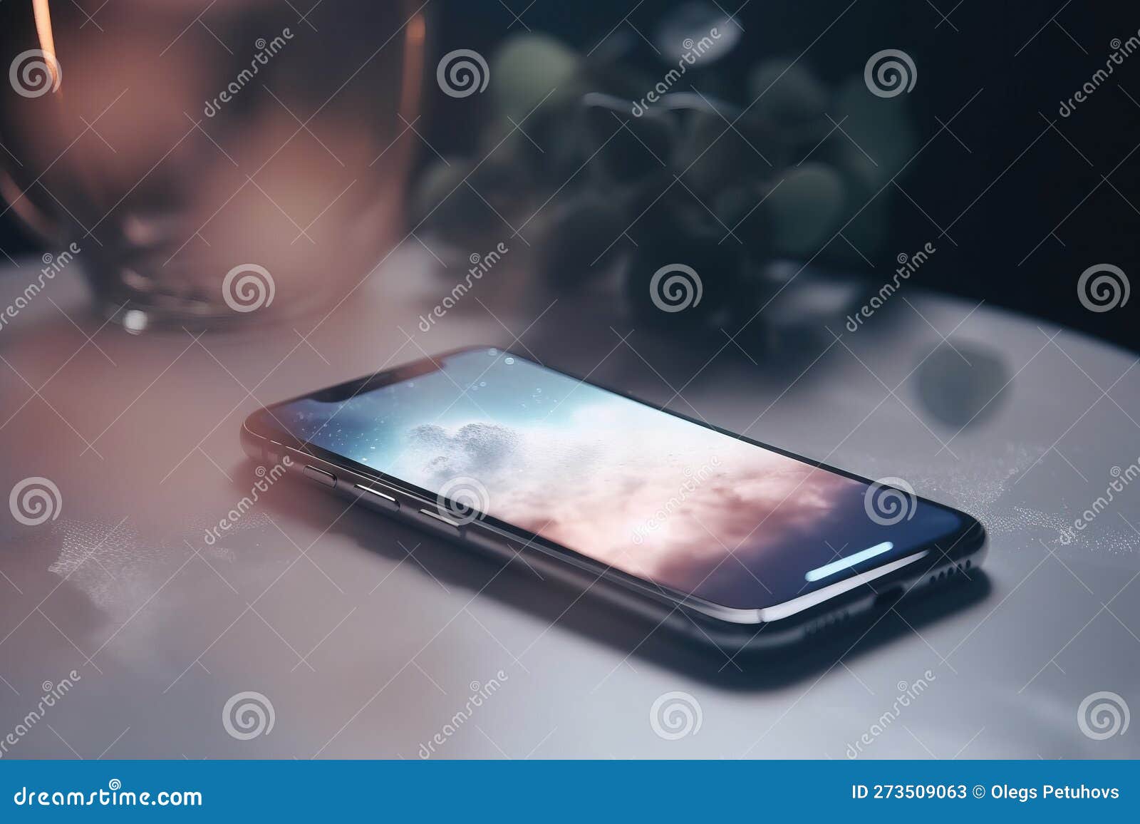 A Cell Phone Sitting on a Table Next To a Glass Stock Image - Image of ...