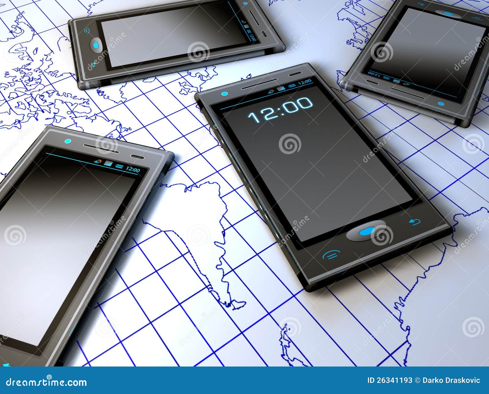 Cell phones over world map stock illustration. Illustration of hand ...