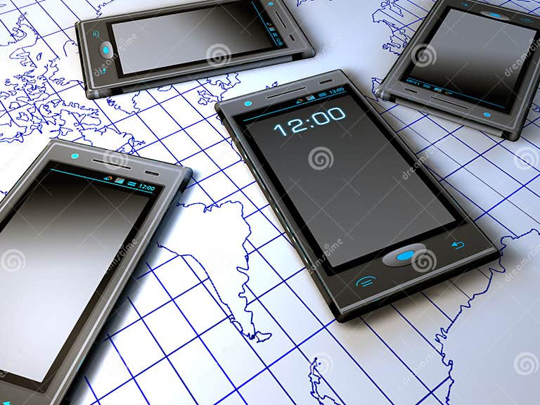 Cell phones over world map stock illustration. Illustration of hand ...