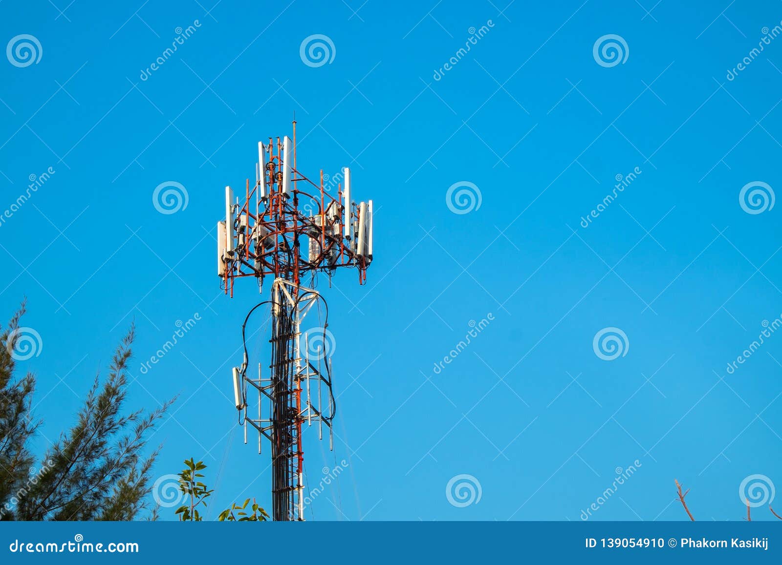 Cell Site Post in the Clear Blue Sky with Clouds. Telecommunication ...