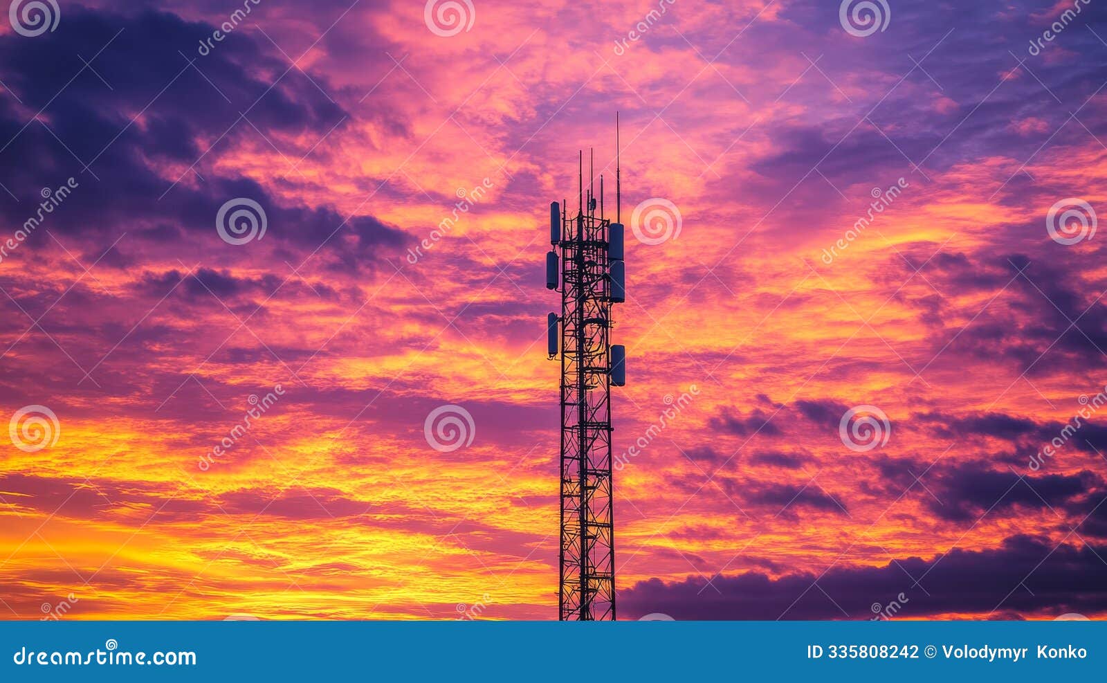 Cell Tower Against a Vibrant Sunset Sky, Communication Technology ...