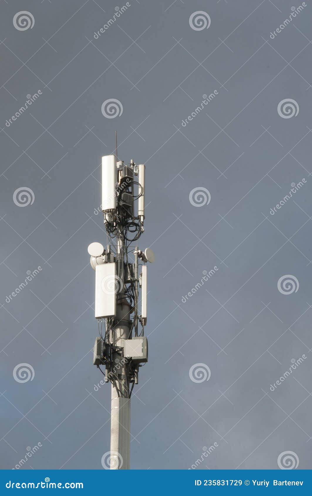 Cell Tower Closeup Against a White Sky. Stock Image - Image of cellular ...