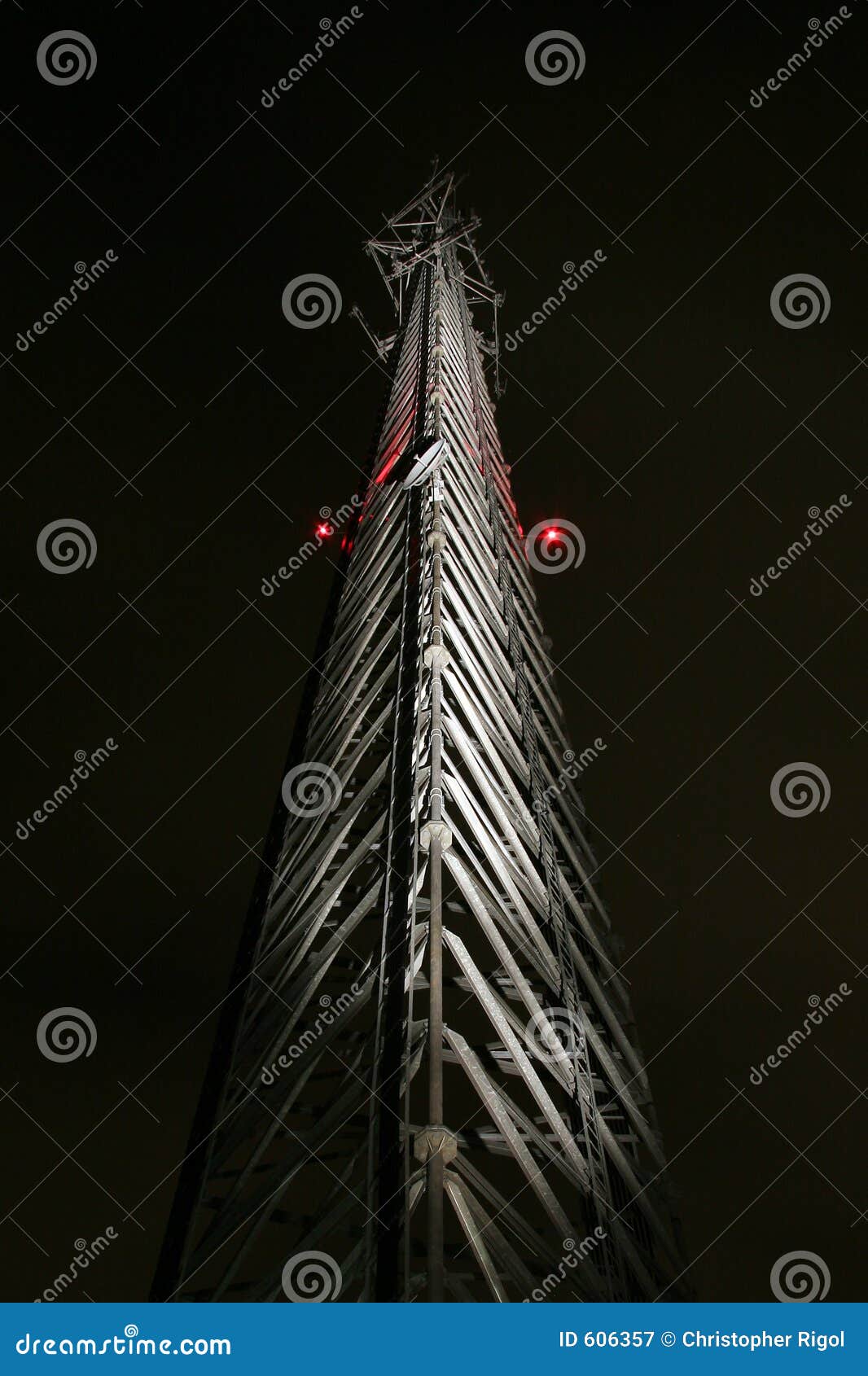 Cell tower at night stock image. Image of lights, cable - 606357