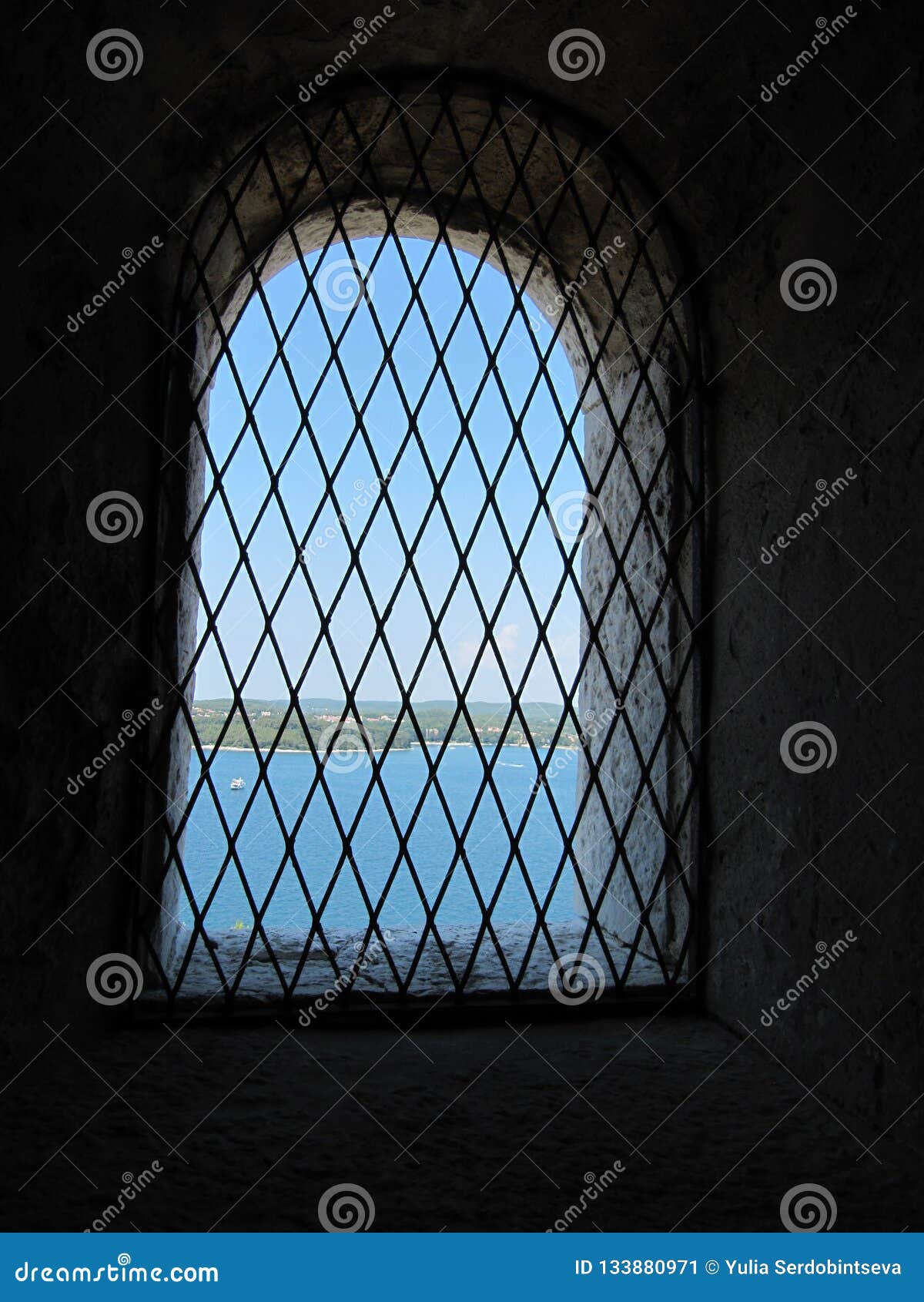 Cell Wall with a Window with Bars with Sea View, Interior Perspective ...
