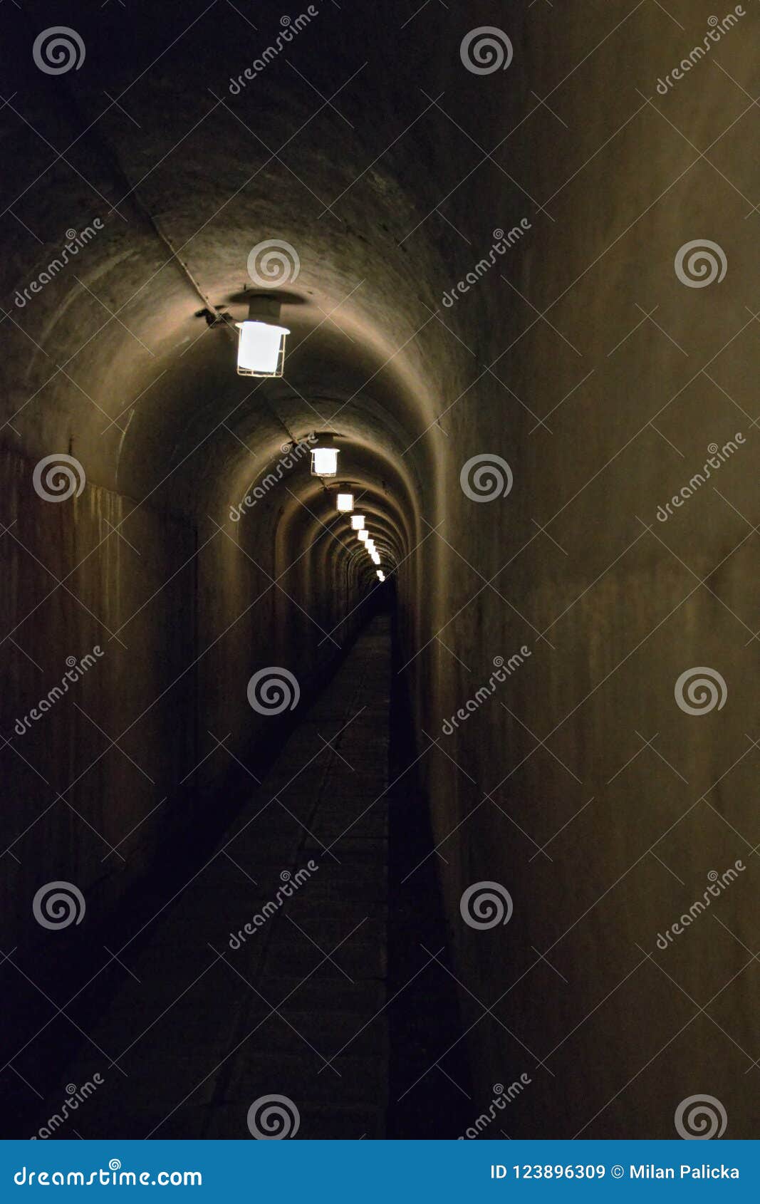 Dark, Mysterious Arched Underground Corridor with Several Lights Stock ...