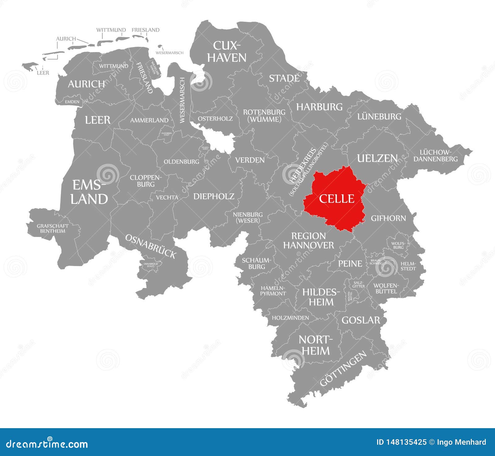 Celle County Red Highlighted in Map of Lower Saxony Germany Stock ...