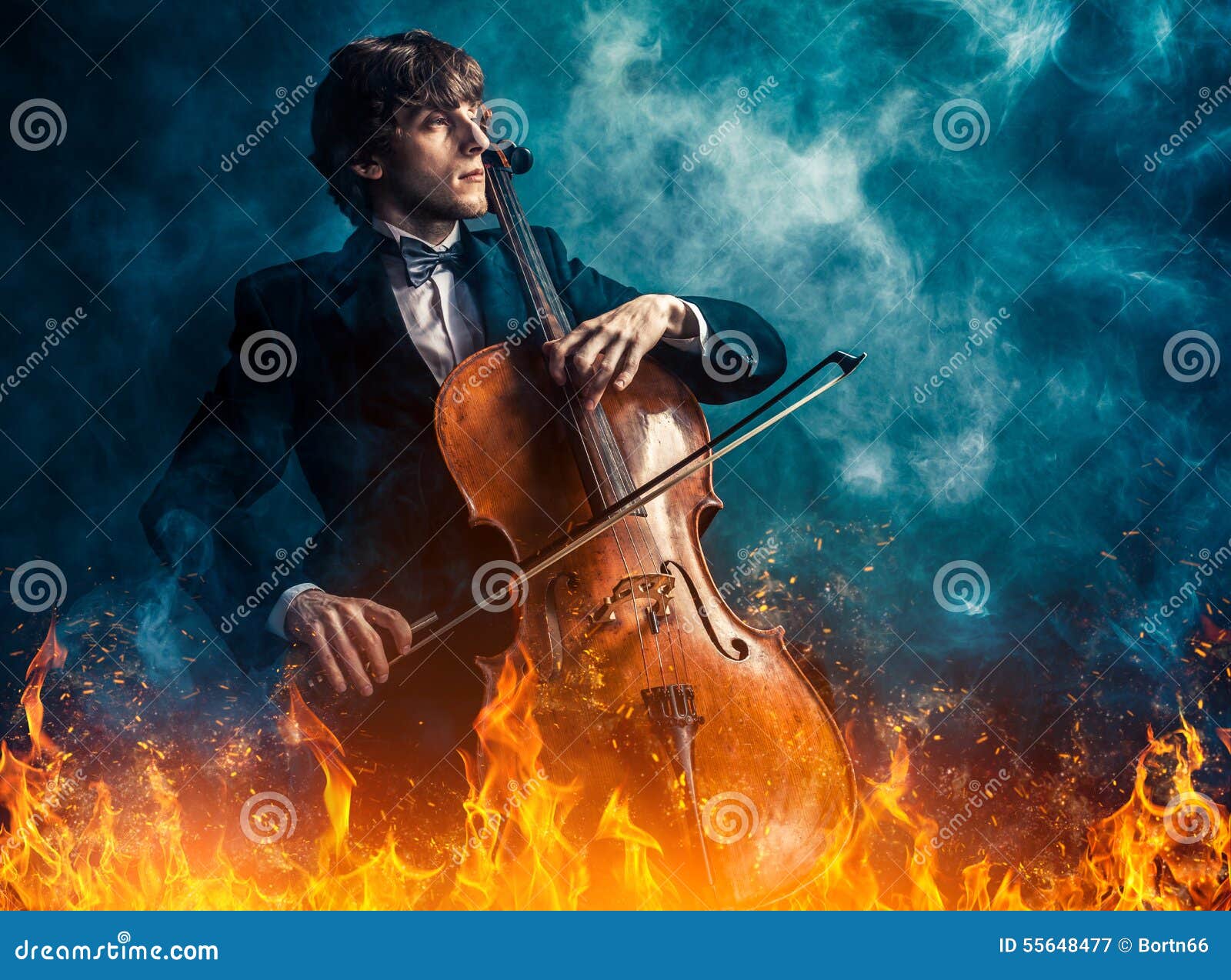 Cellist in the fire stock image. Image of fire, smoke - 55648477