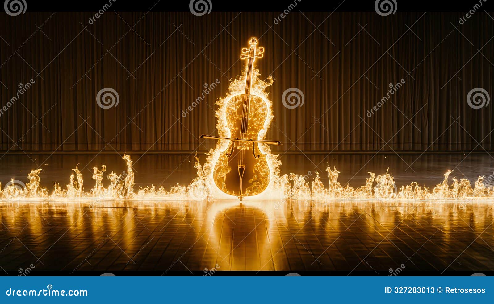 Cello Engulfed in Flames on Stage with Curtains in Background Stock ...