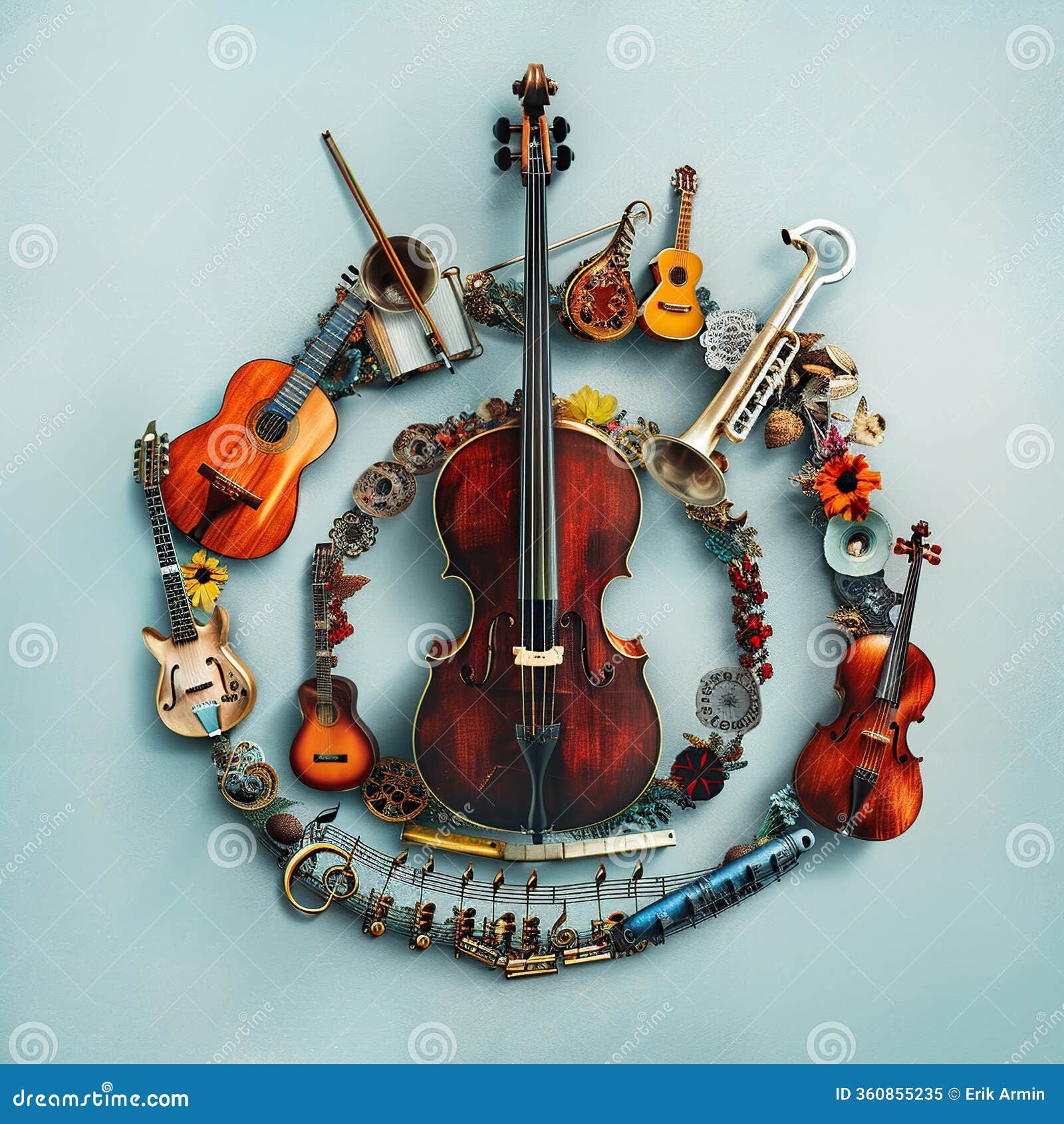 Cello Centerpiece Surrounded by Various Musical Instruments and Objects ...