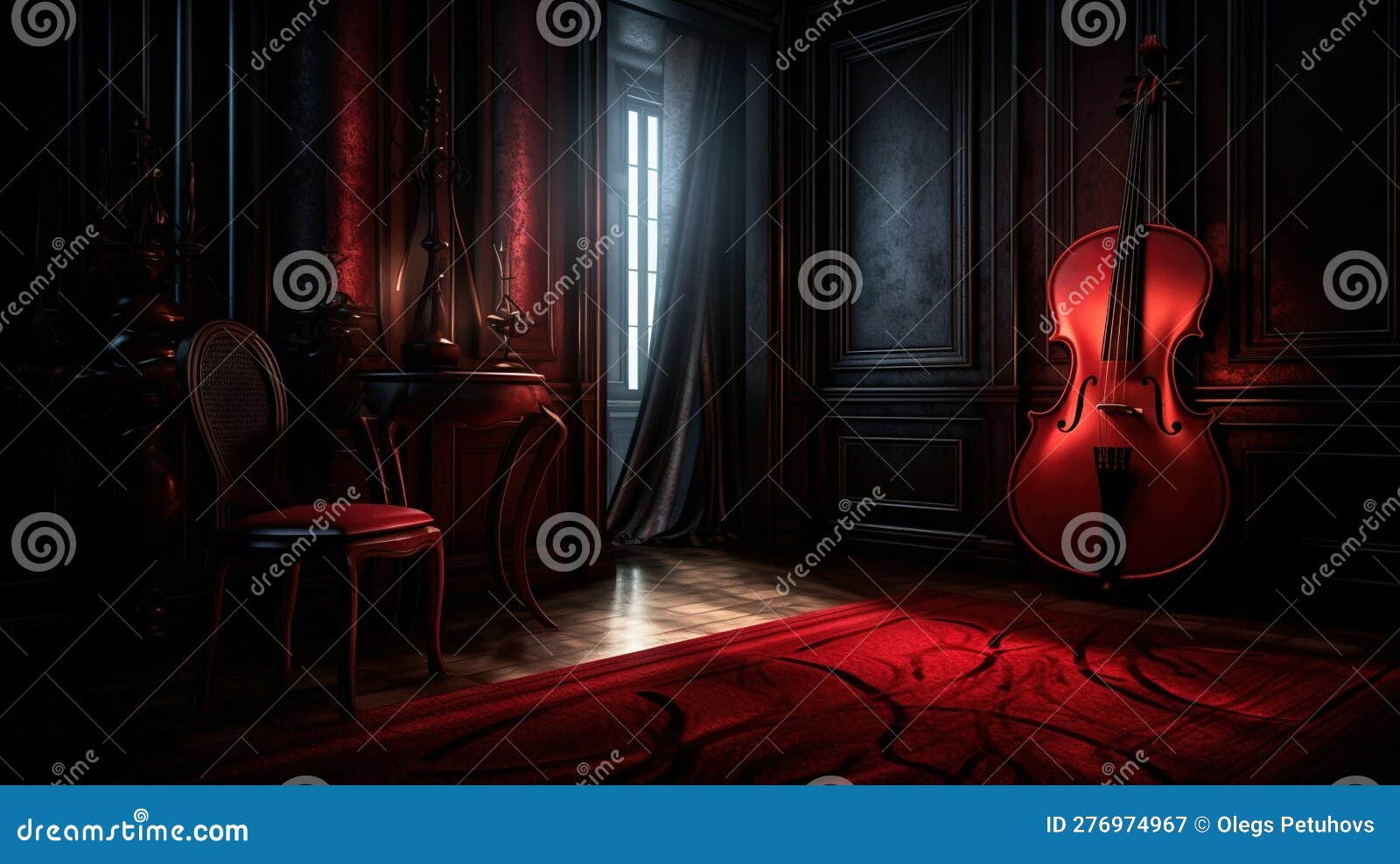 A Cello in a Dark Room with a Red Rug on the Floor Stock Illustration ...