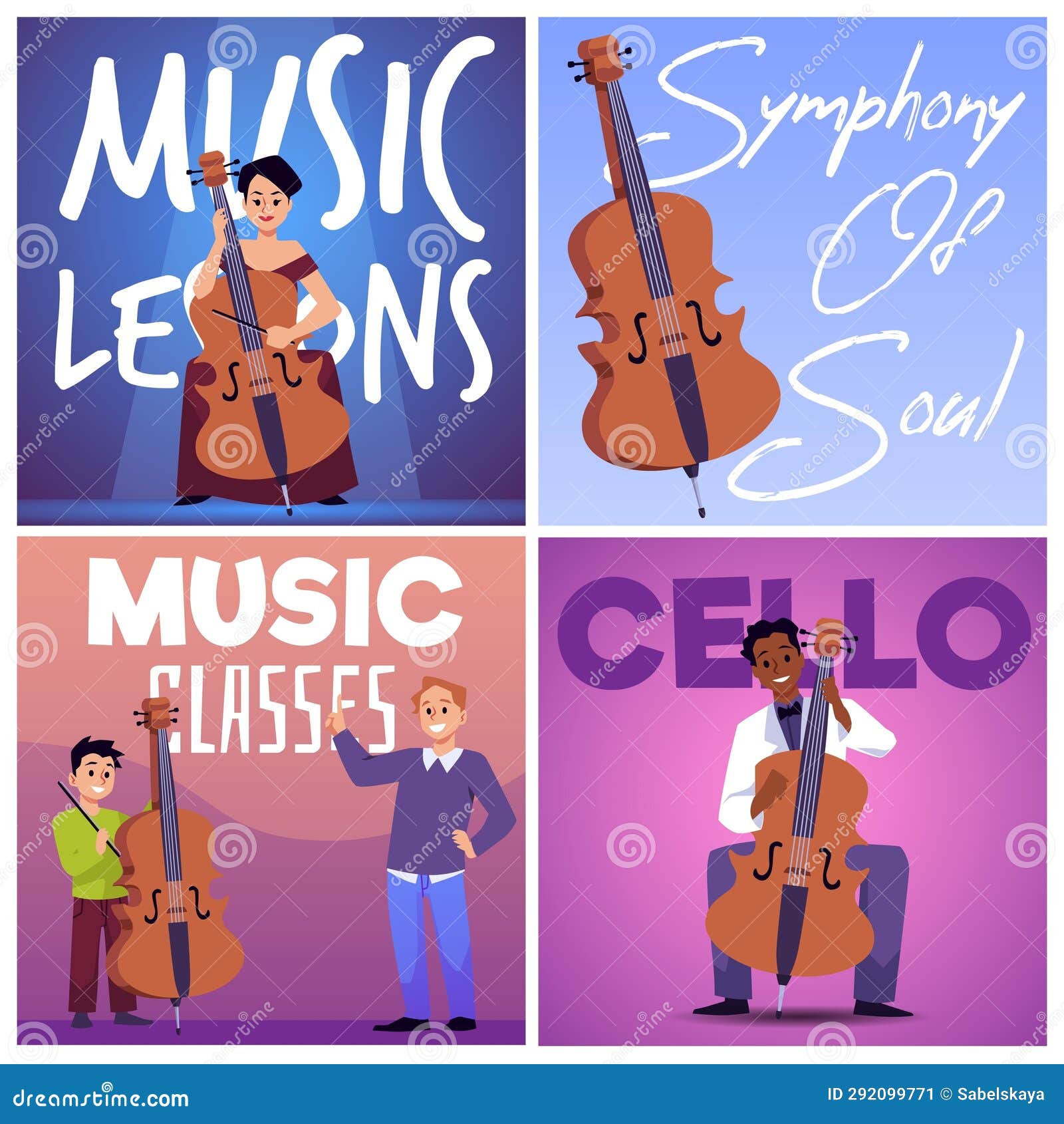 Cello Music Classes Banners or Posters Bundle Flat Vector Illustration ...
