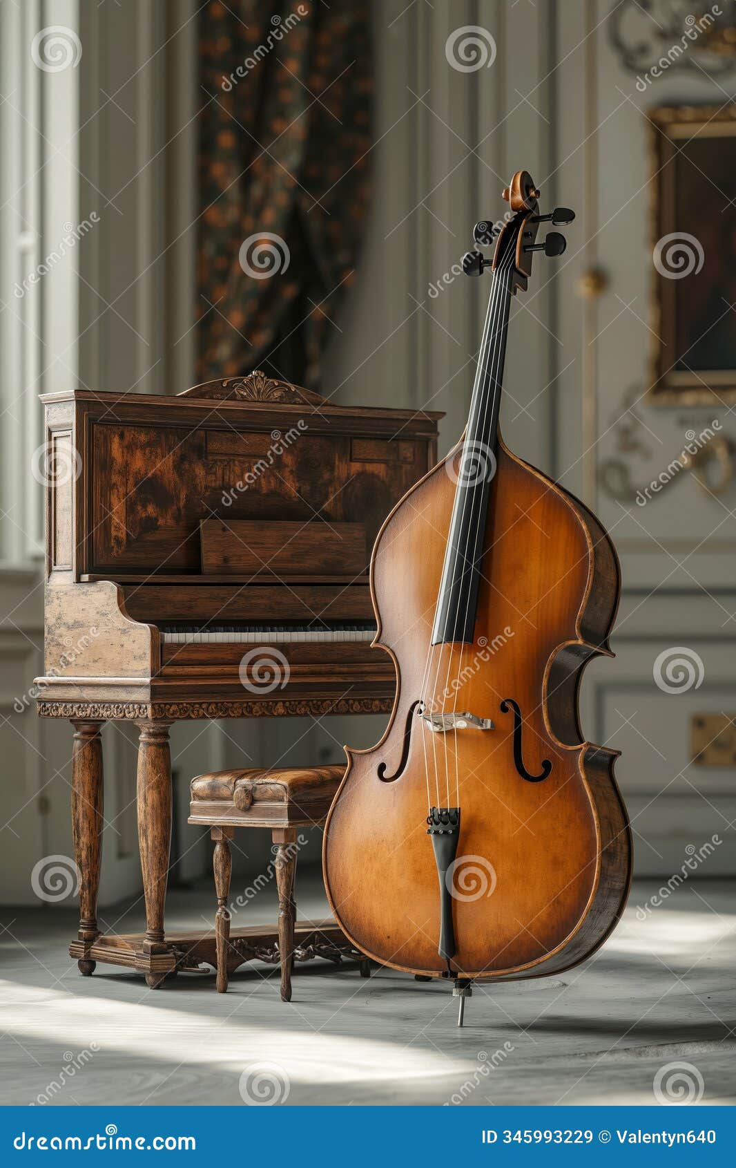 A Cello Sitting Next To a Piano in a Room Stock Image - Image of violin ...