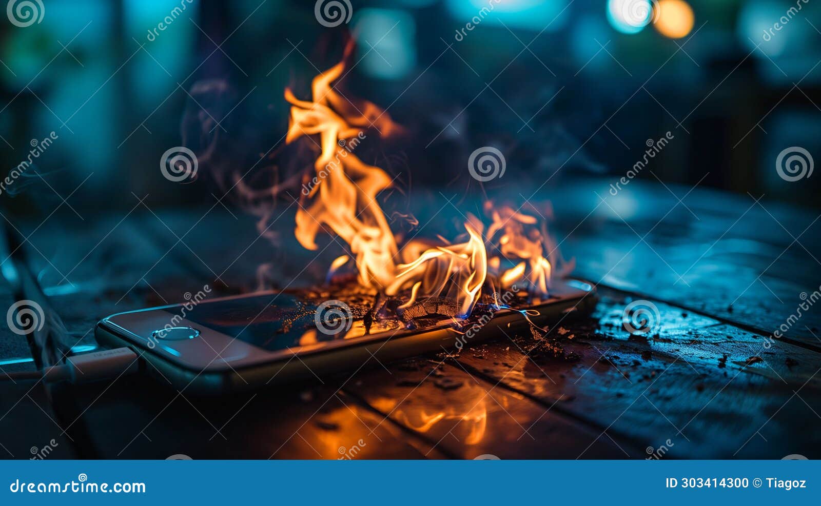 Cellphone on Fire after Overheating while Charging. AI Generated Stock ...