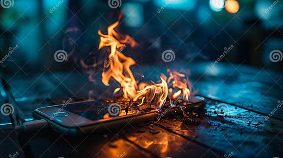 Cellphone on Fire after Overheating while Charging. AI Generated Stock ...