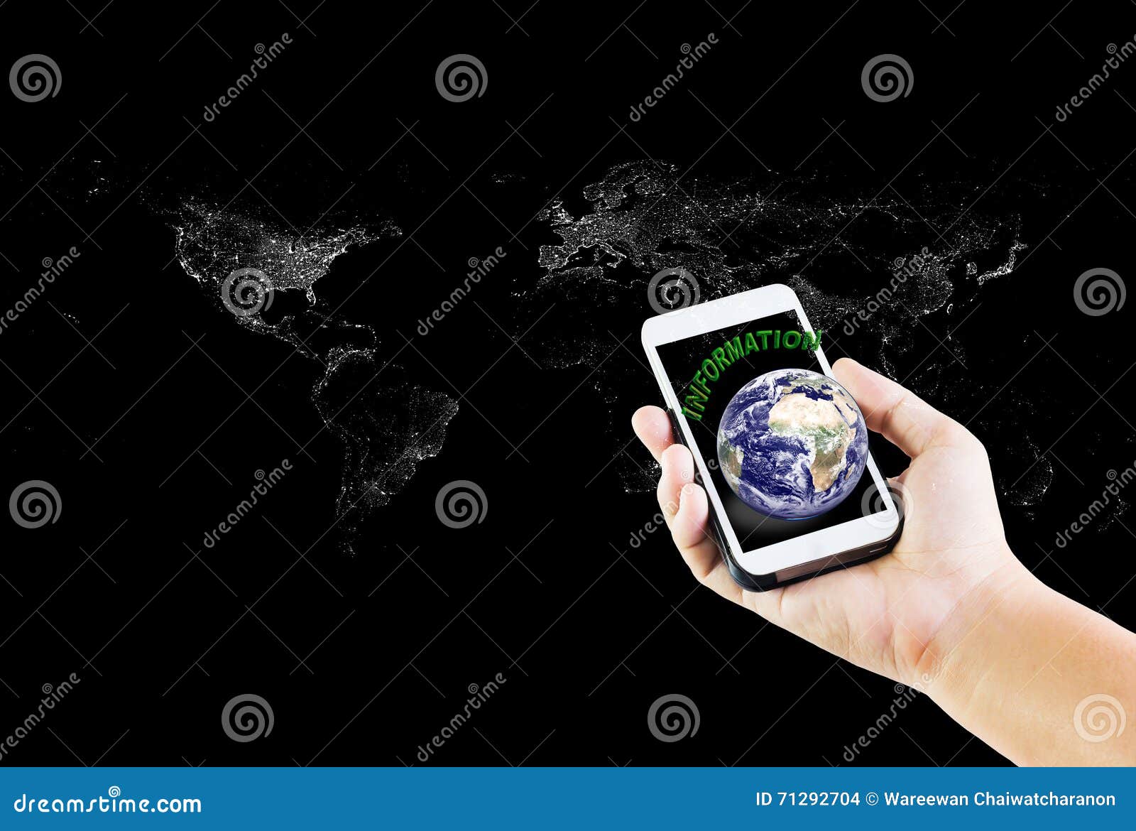 Cellphone or Mobile with Text Information and Earth with Hand on Stock ...
