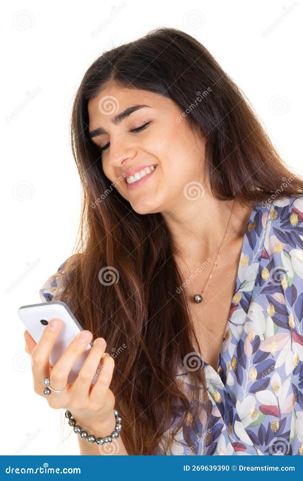 Cellular Technology in Phone Mobile Apps Smiling Beautiful Woman Using ...