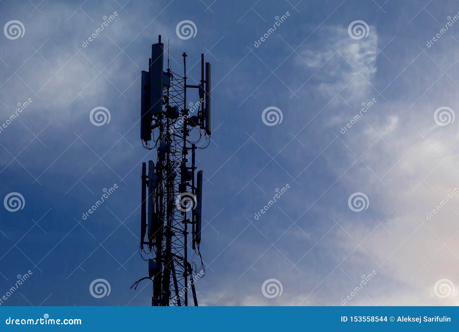 Cellular Telecom Pole High Tower 3G 4G 5G , with Blue Sky Background ...