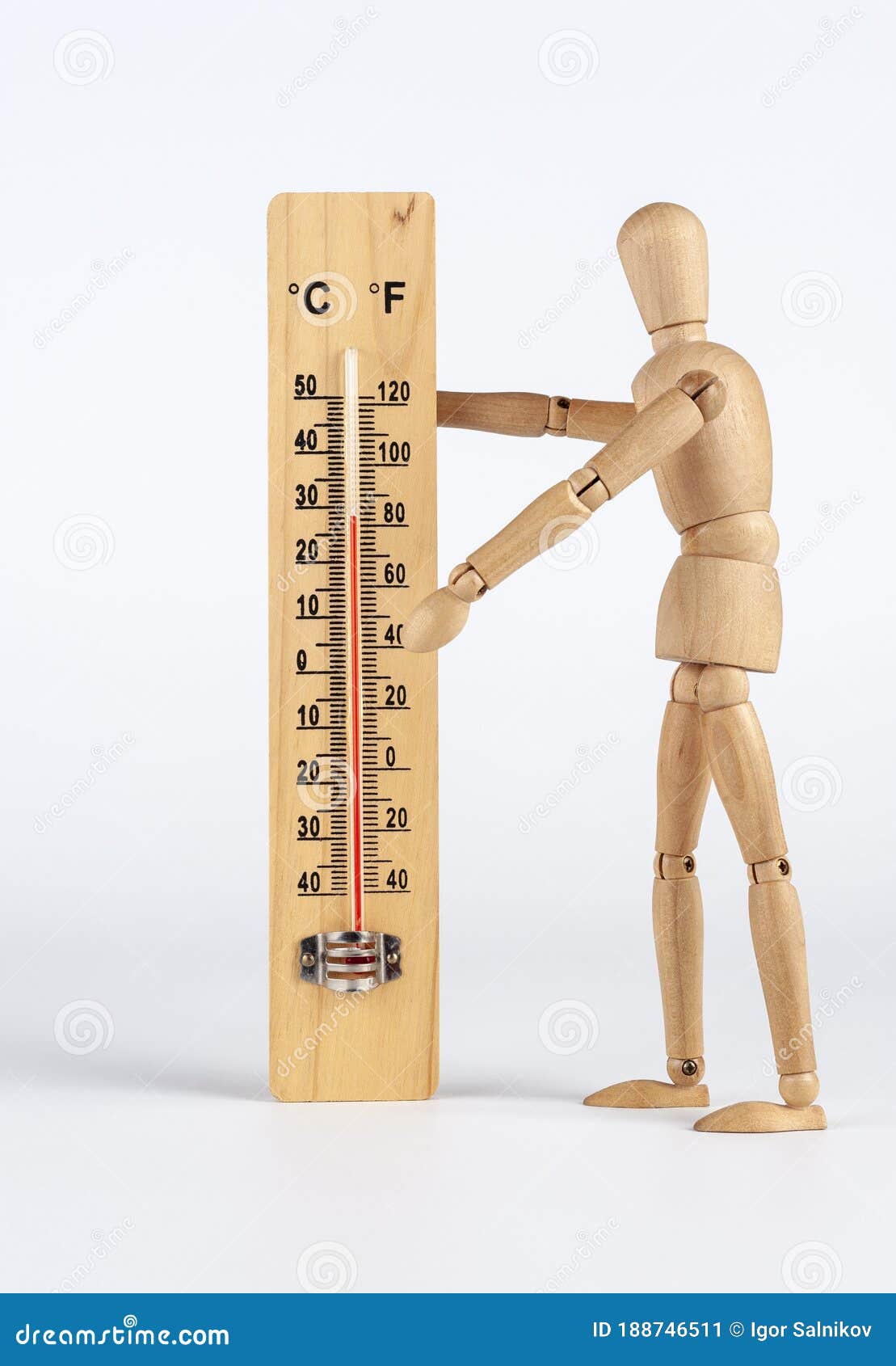 Hot Summer Weather, a Wooden Man Measures the Air Temperature. Stock ...