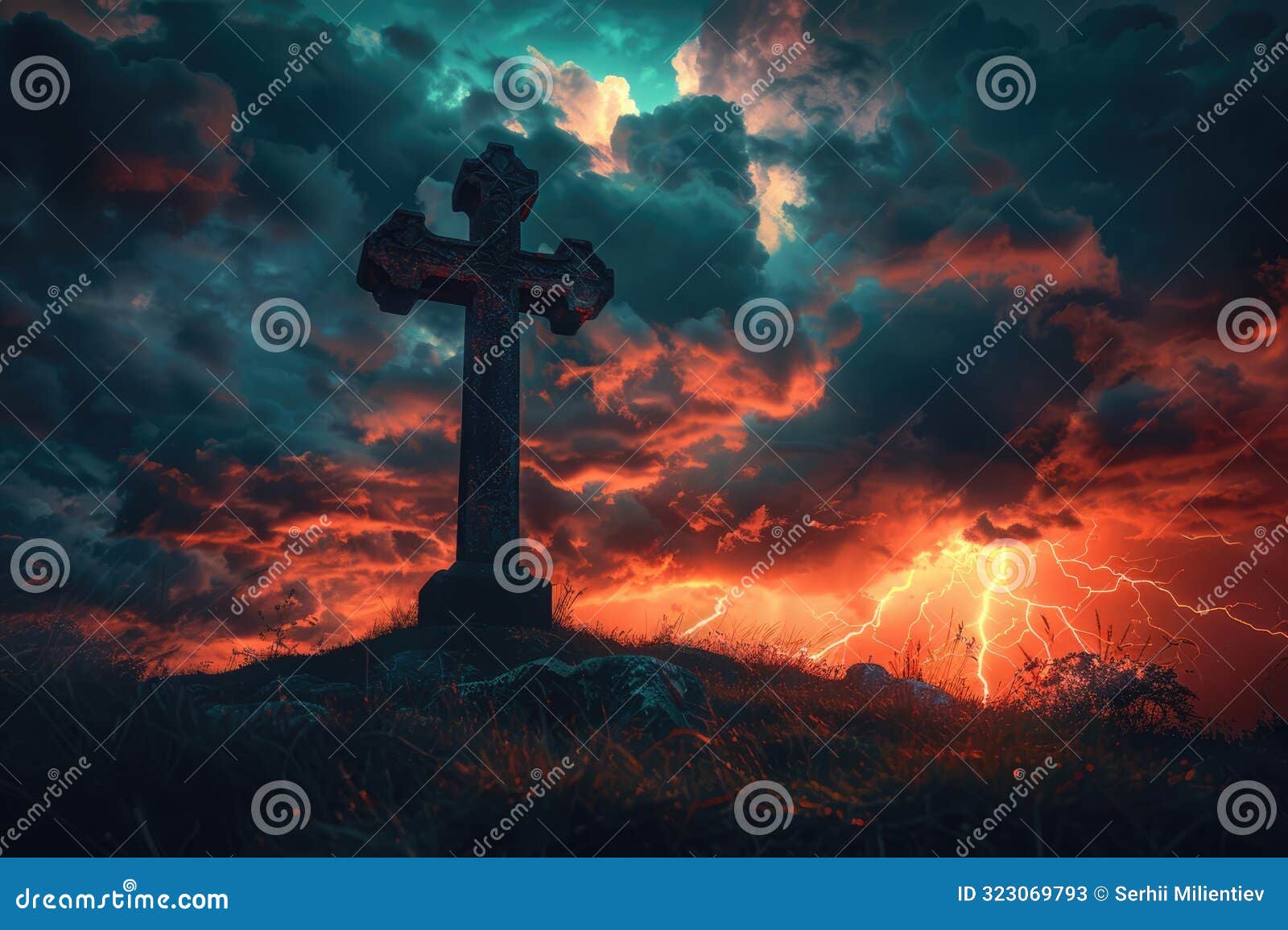 Celtic Cross on Hill with Thunderclouds and Lightning in the Blue and ...