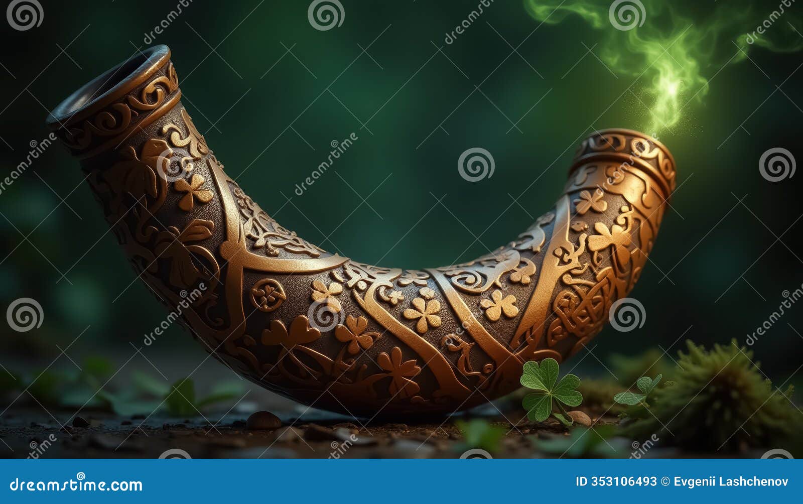 Celtic-inspired Horn with Intricate Patterns Emitting a Green Mist in a ...
