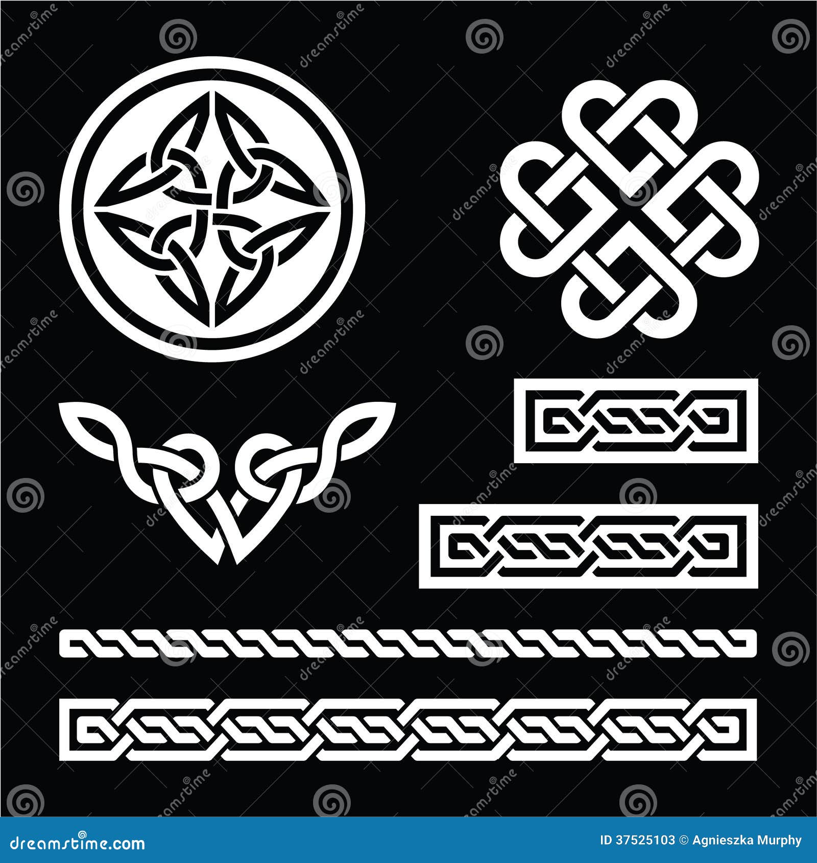 Celtic White Knots, Braids and Patterns on Black Background Stock ...