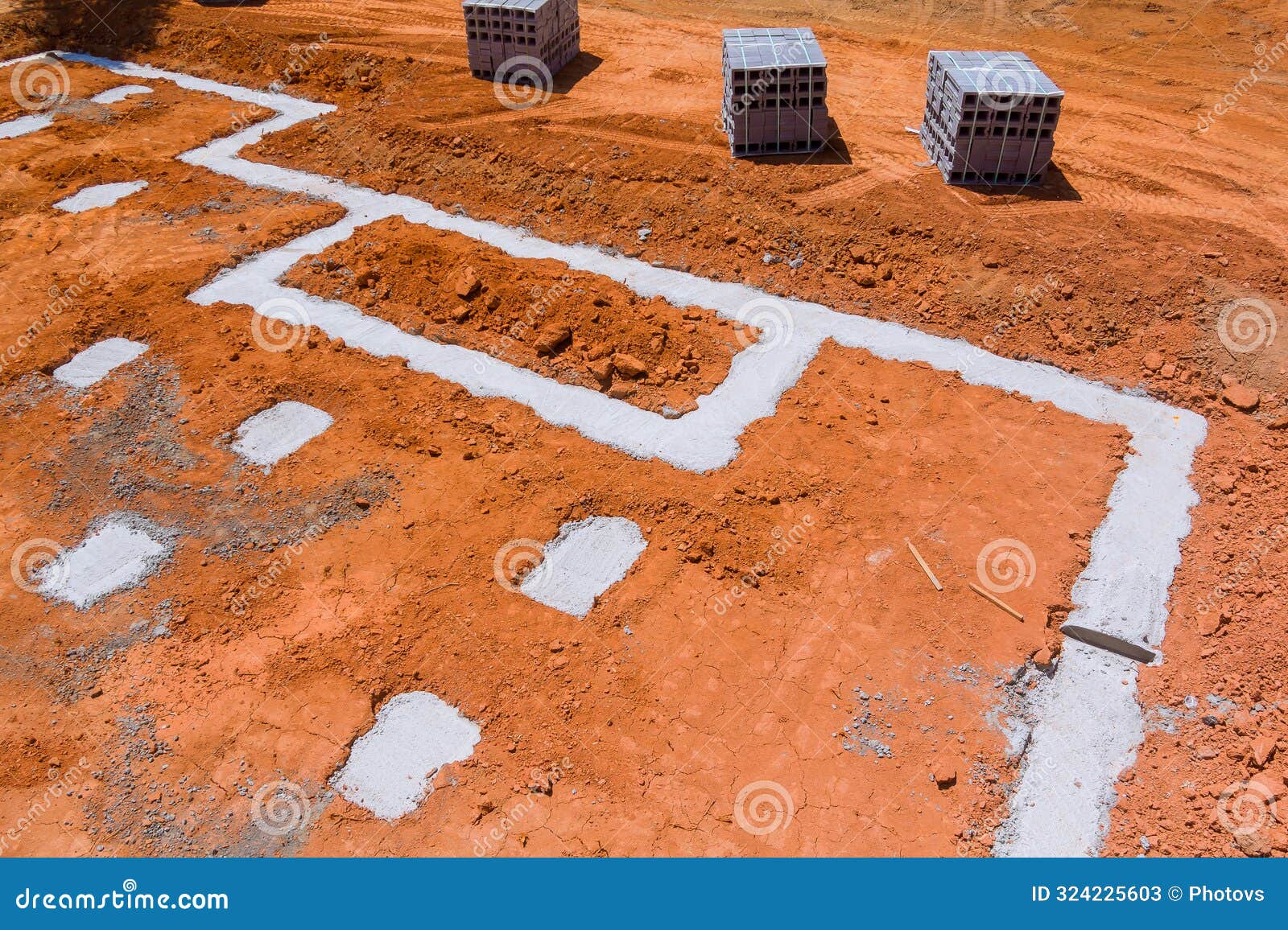 Cement Blocks Delivered To a Construction Site with Foundation is Ready ...