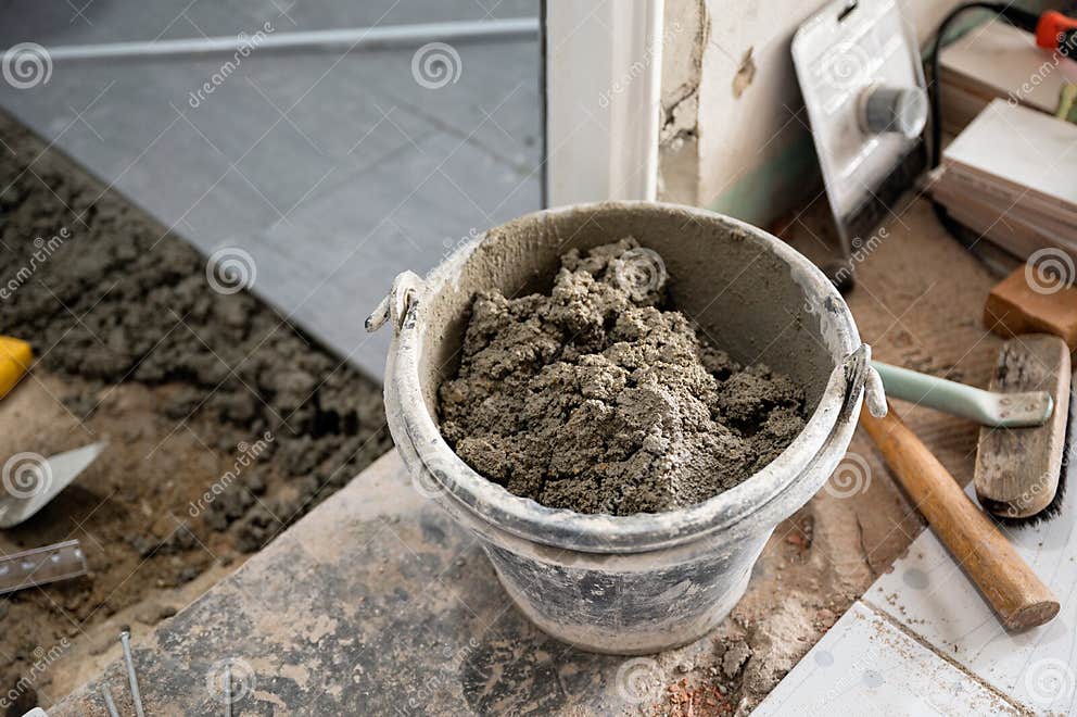 Cement in Can with Tools Preparation Install Tile Stock Image - Image ...