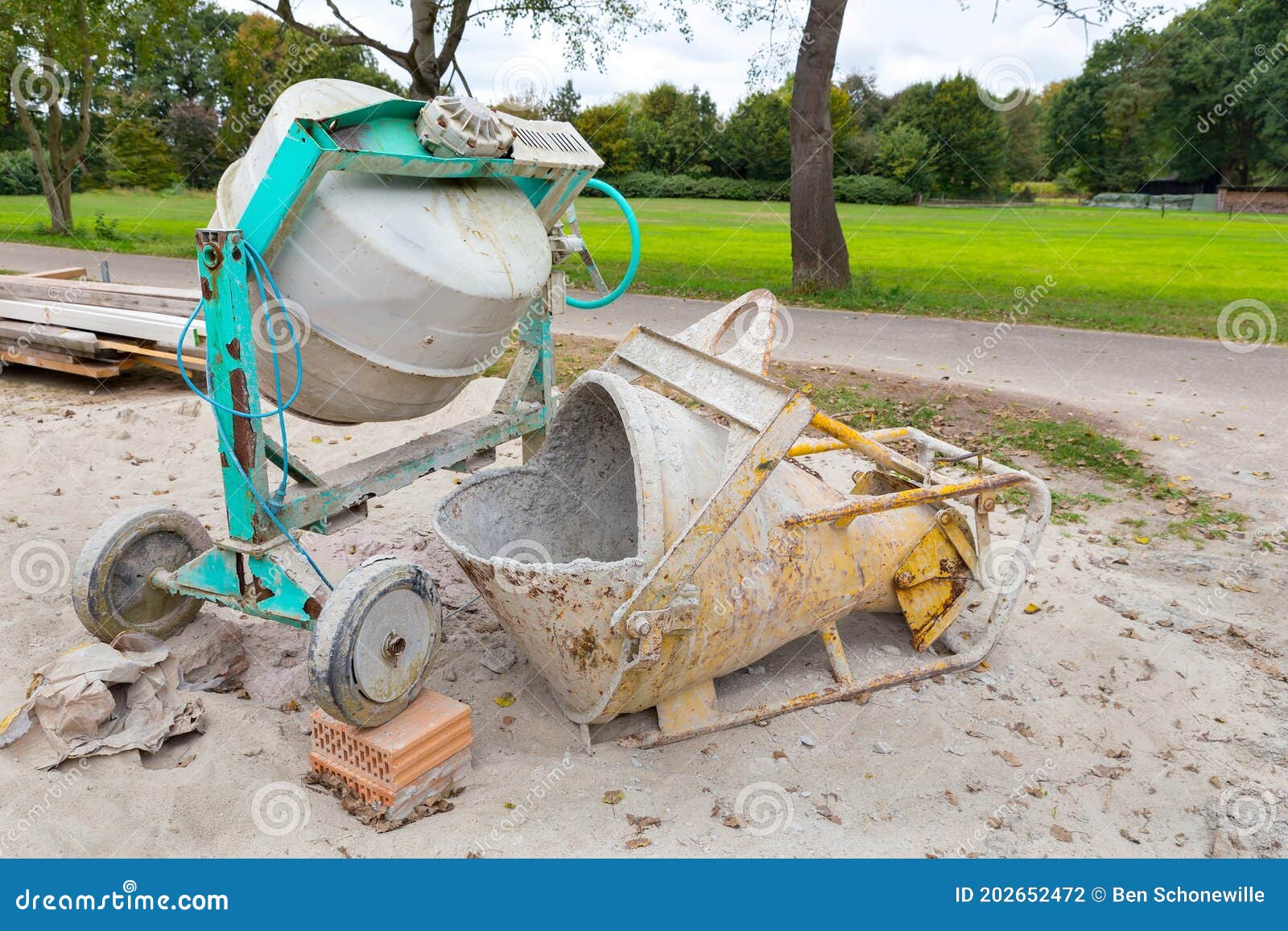 Cement Mixer with Container on Construction Site Outside Stock Photo ...