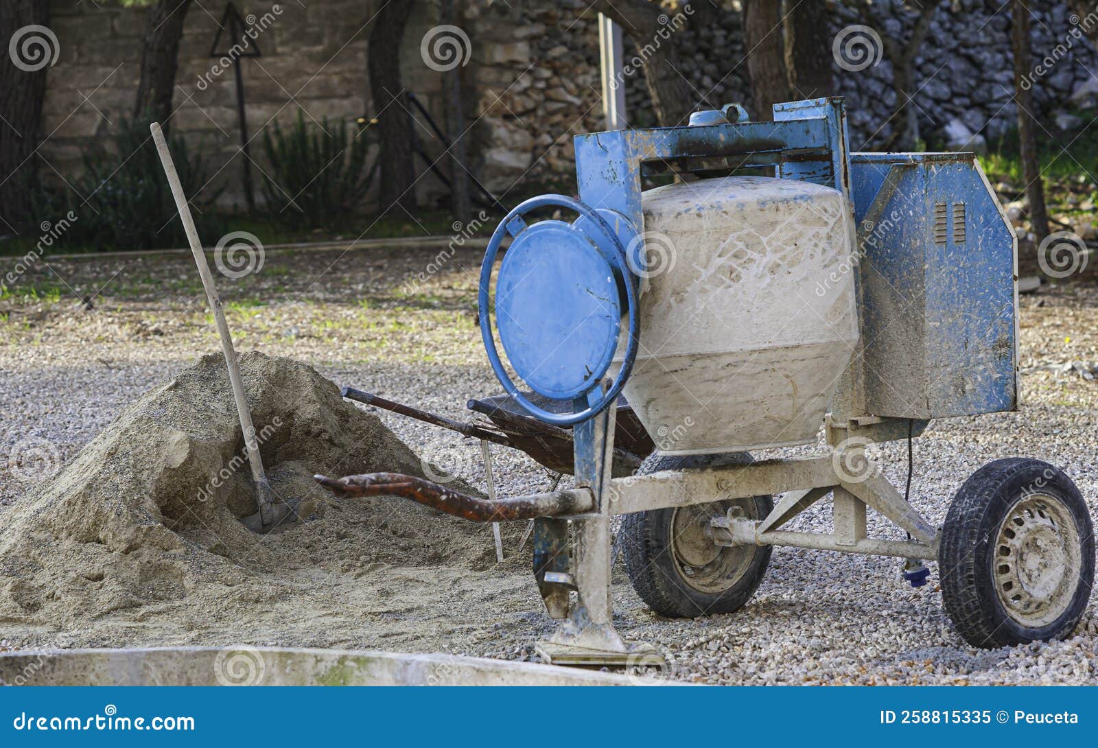 Cement Mixer Machine at Construction Site, Tools and Sand Stock Image ...
