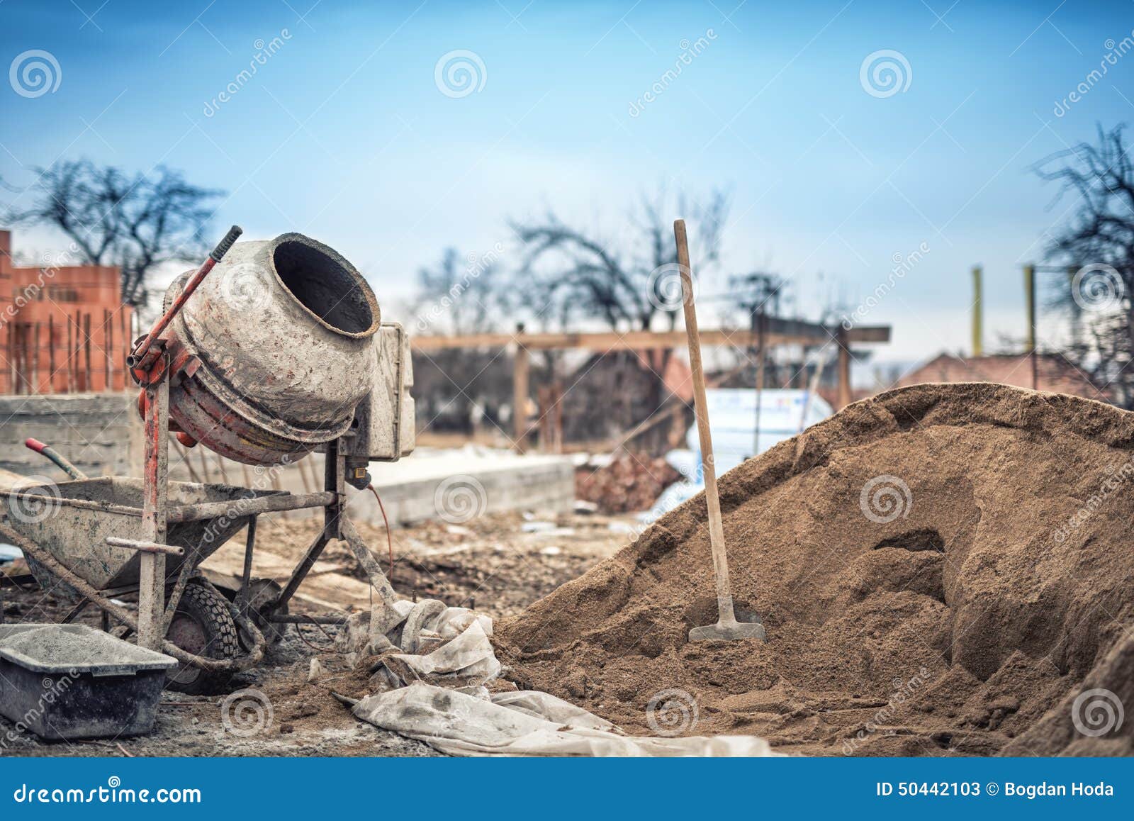 Cement Mixer Machine at Construction Site, Tools and Sand Stock Image ...