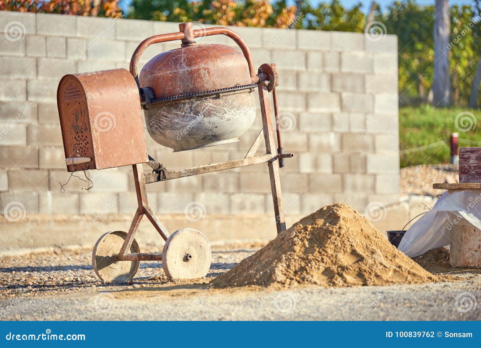 Cement Mixer, Sand and Tools Stock Photo - Image of horizontal, wheel ...