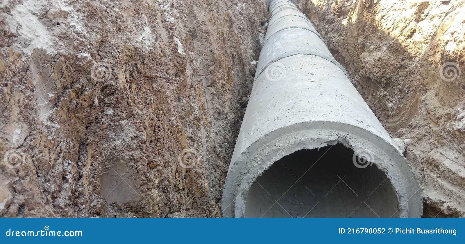 Cement pipe in soil trench stock photo. Image of storm - 216790052