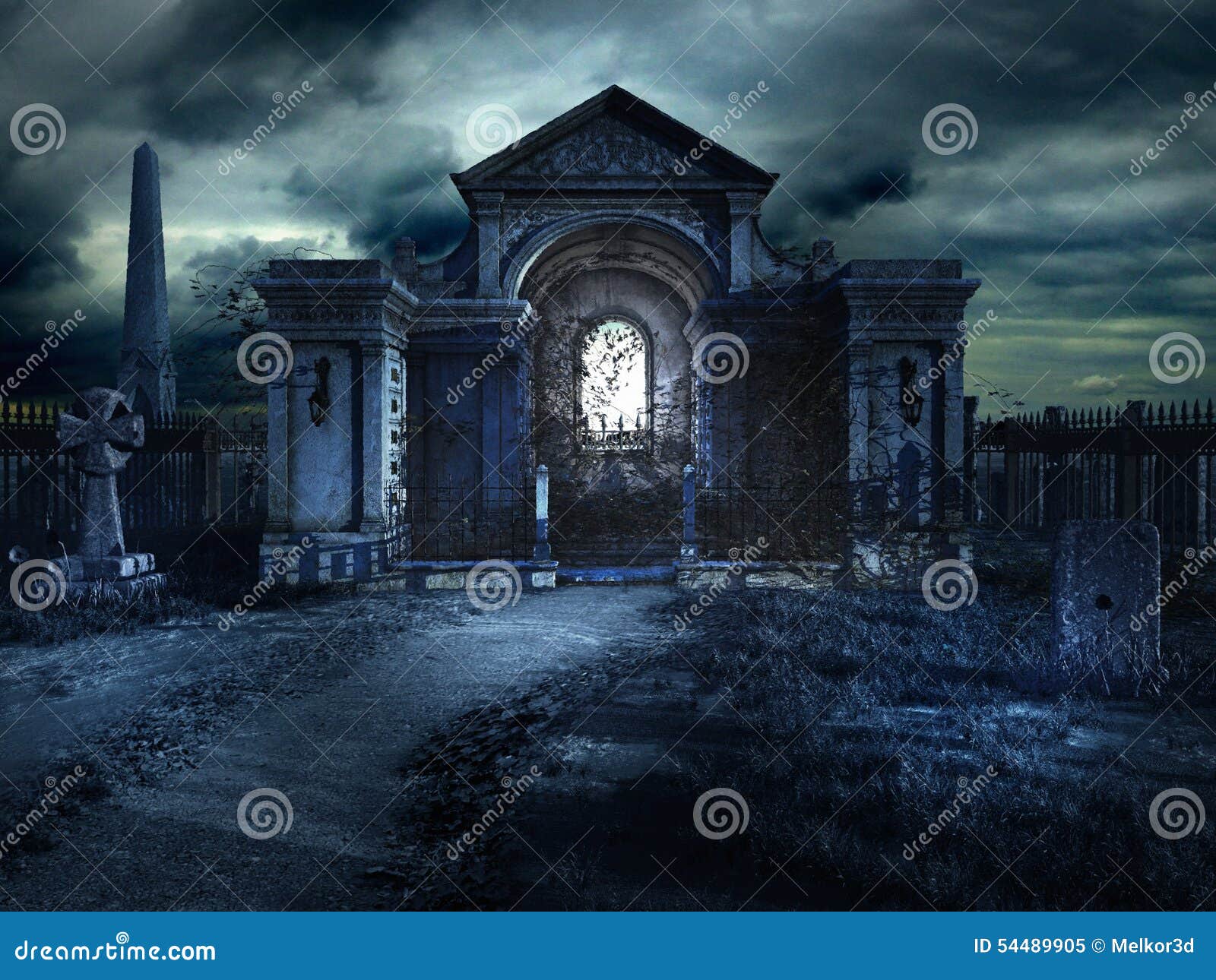 Cemetery crypt at night stock illustration. Illustration of artwork ...