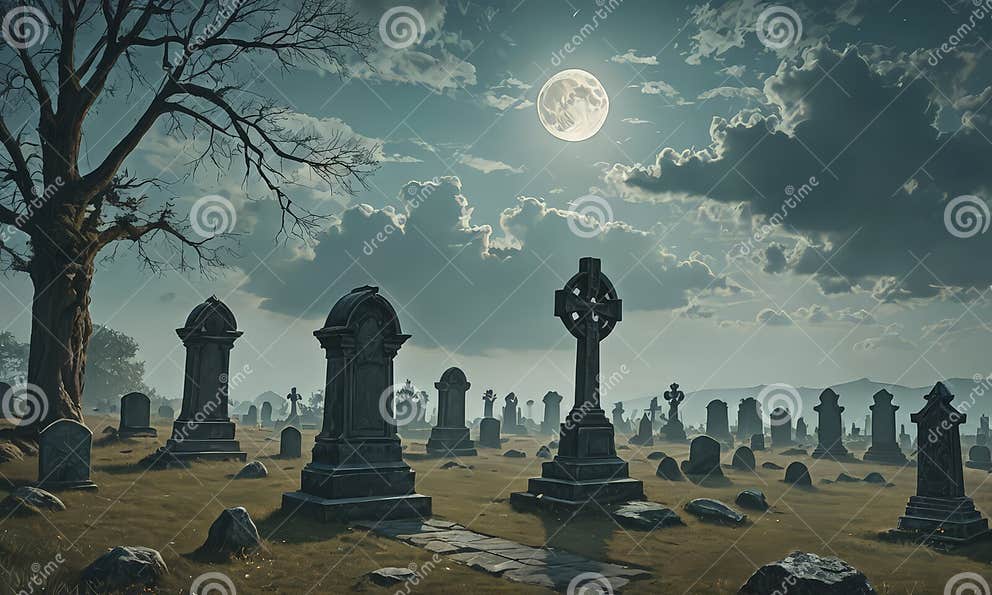 Cemetery with Full Moon in the Sky Stock Illustration - Illustration of ...