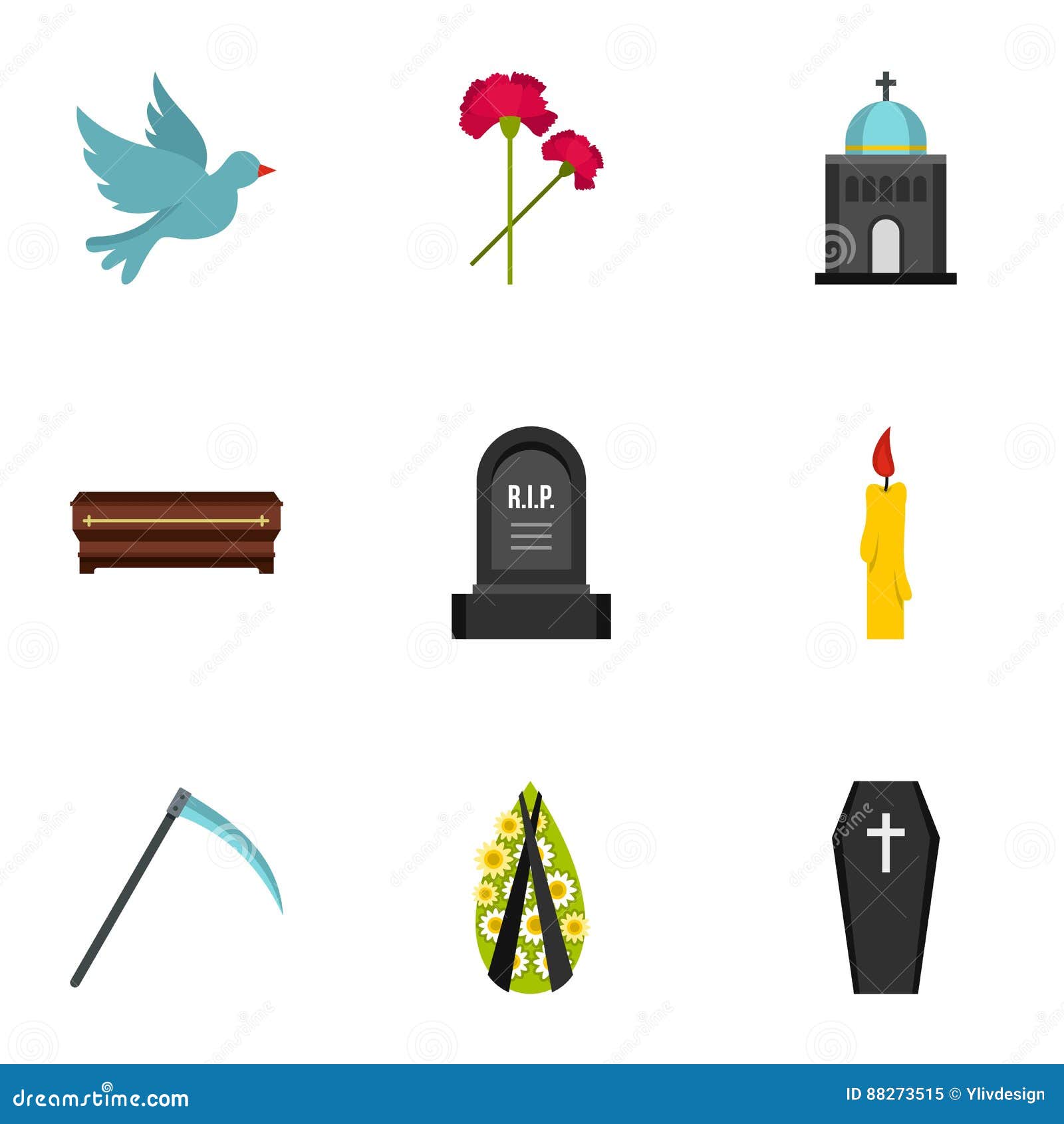 Cemetery Icons Set, Flat Style Stock Vector - Illustration of ...