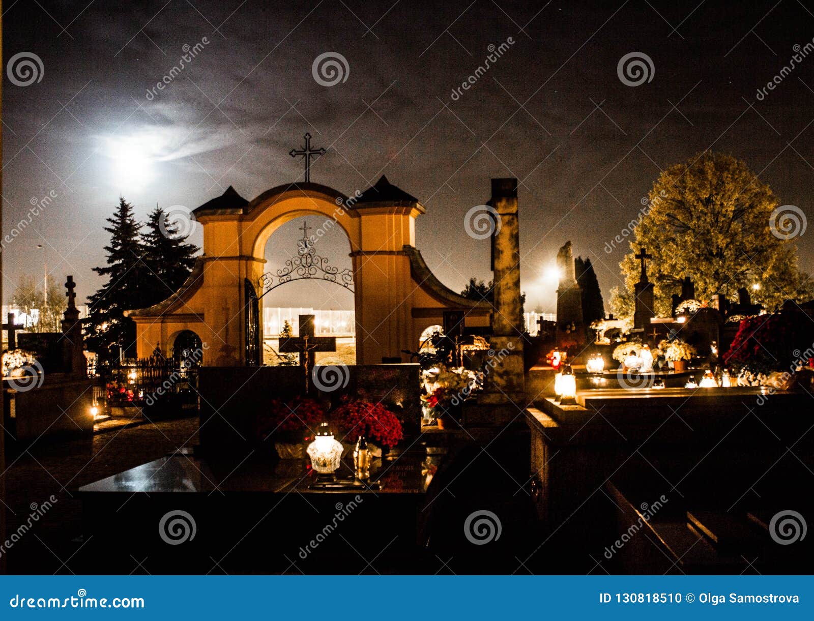 Cemetery at Night. Burning Candles on the Graves Stock Photo - Image of ...