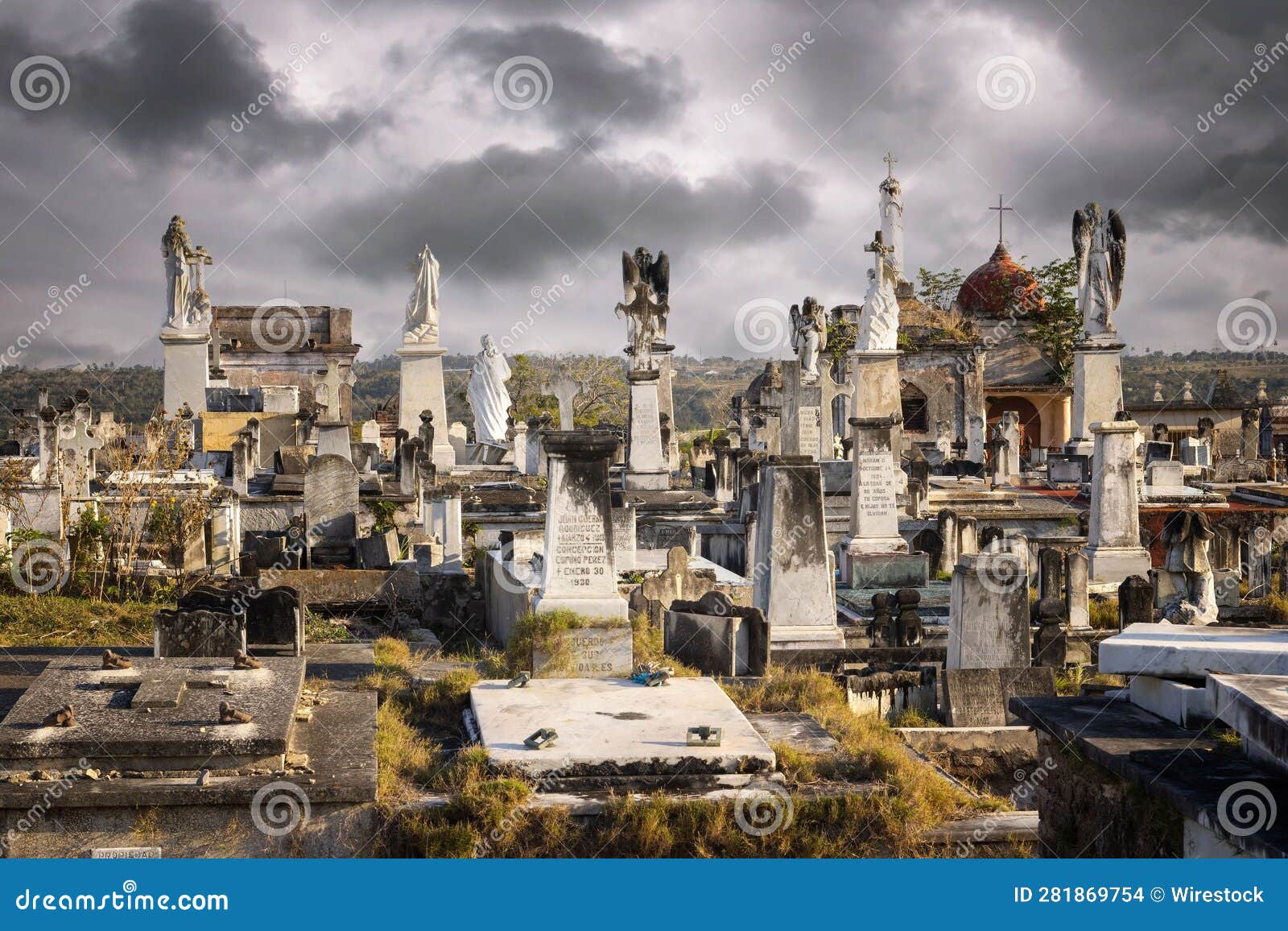 Cemetery with a Tall Spire Statues and Crosses Stock Photo - Image of ...