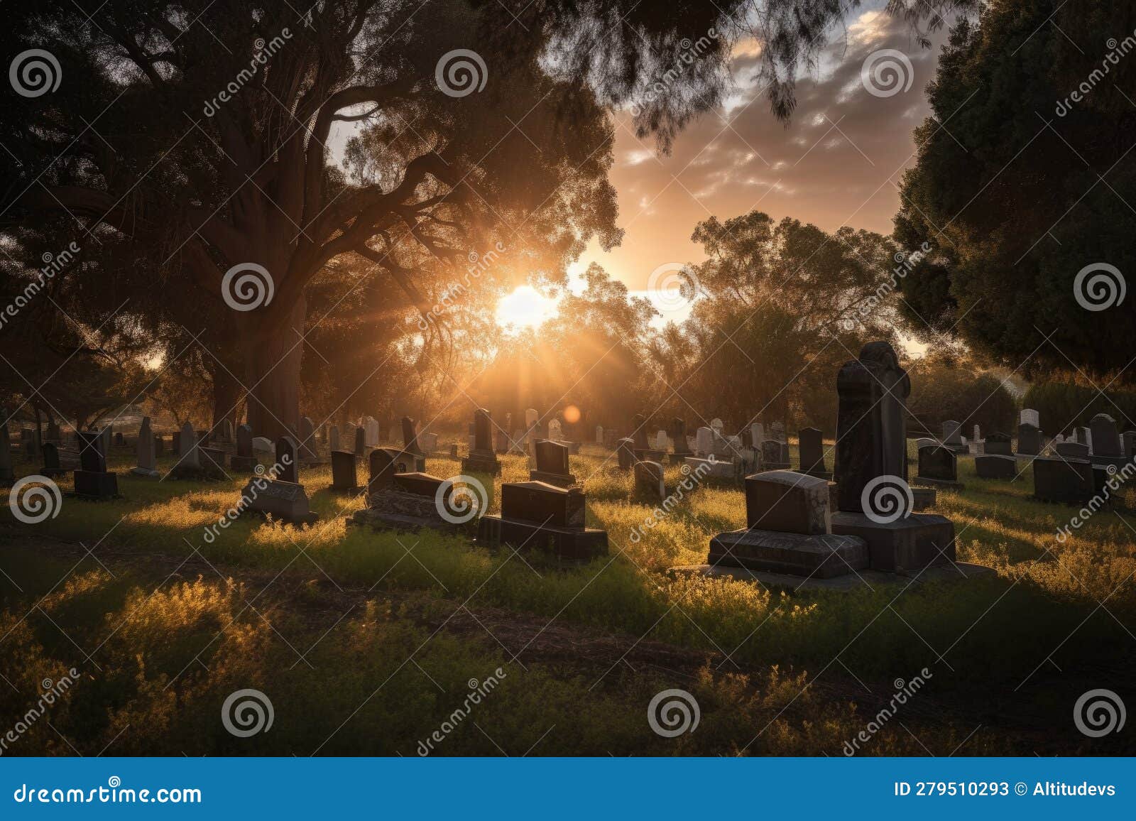 Cemetery, with the Sun Setting Behind the Headstones, Casting a Warm ...
