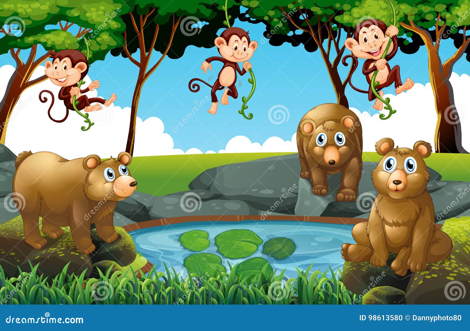 Cena Da Floresta Com Ursos E Macacos Ilustração do Vetor - Ilustração ...