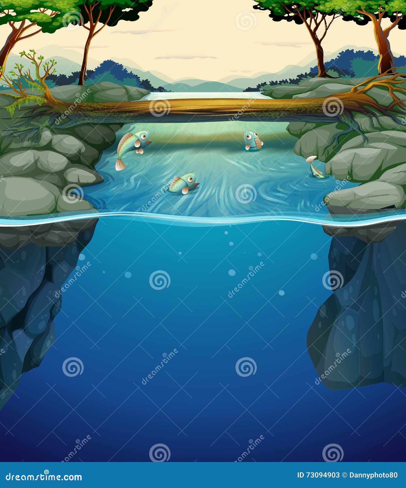 Cena Da Natureza Com Os Peixes No Rio Ilustração Stock - Ilustração de ...