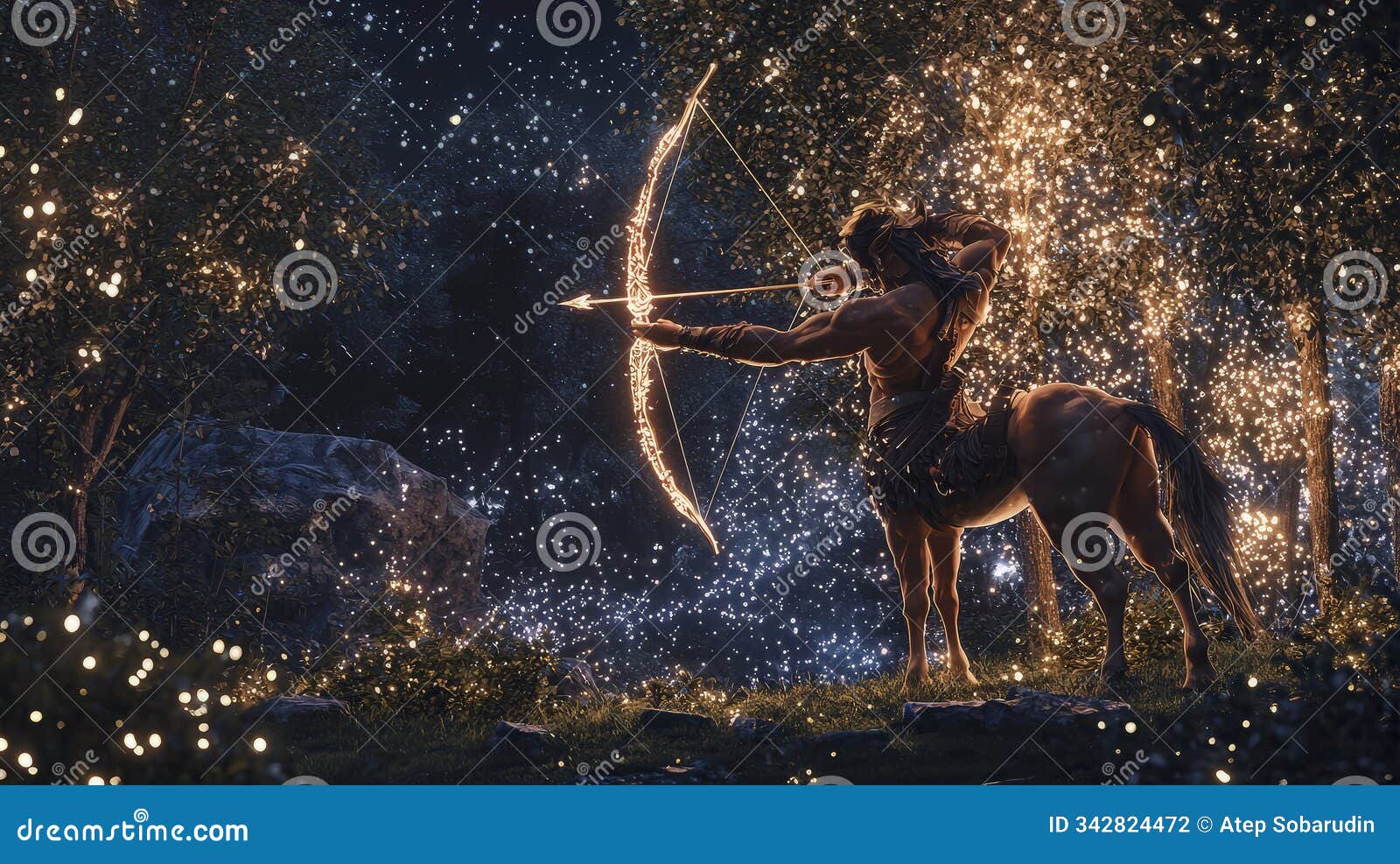 A Centaur Stands in a Forest at Night, Aiming an Arrow with Glowing ...