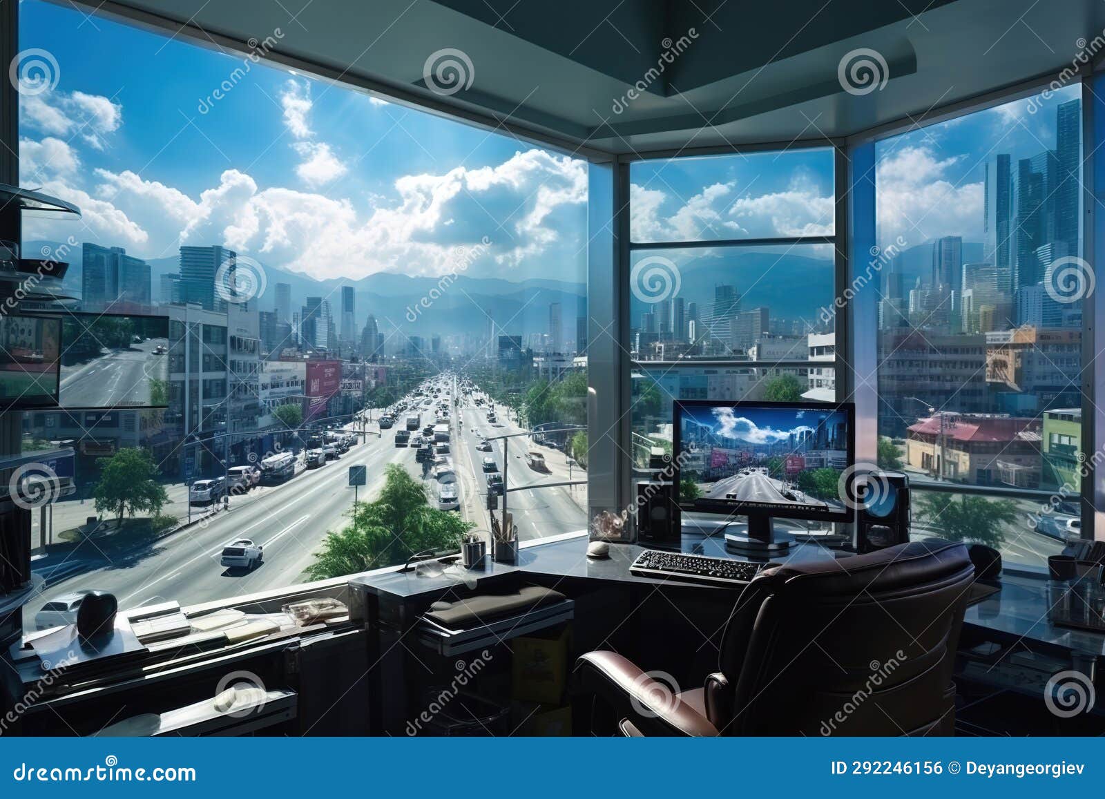 Center with Computers for Traffic Control in the City. Room Filled with ...