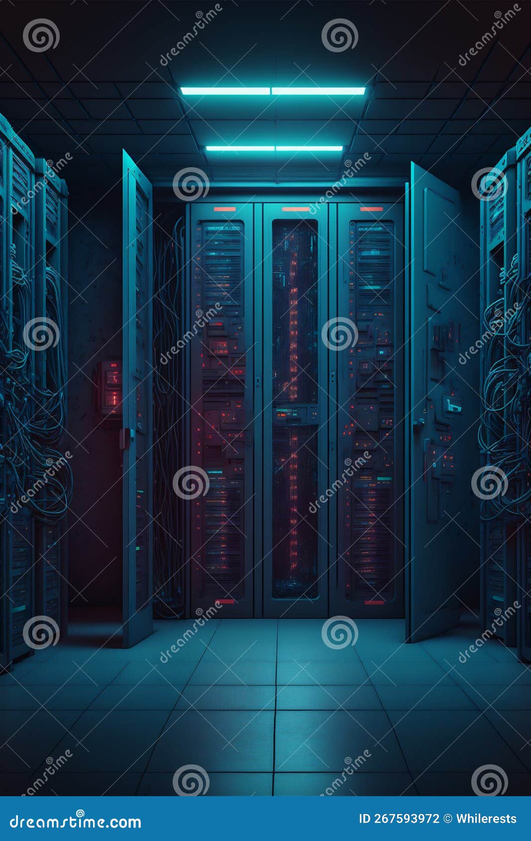 Center of Rack Equipment with Cable in Room with Big Data Cyber ...