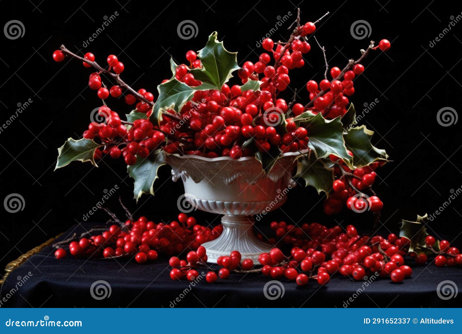 A Centerpiece of Holly and Red Berries on Table Stock Image - Image of ...