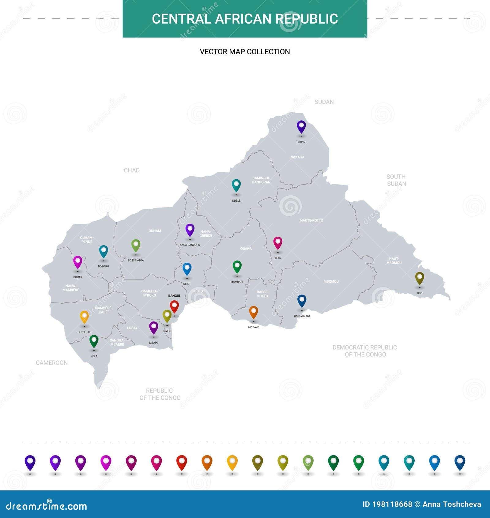 Central African Republic Map with Location Pointer Marks. Stock Vector ...
